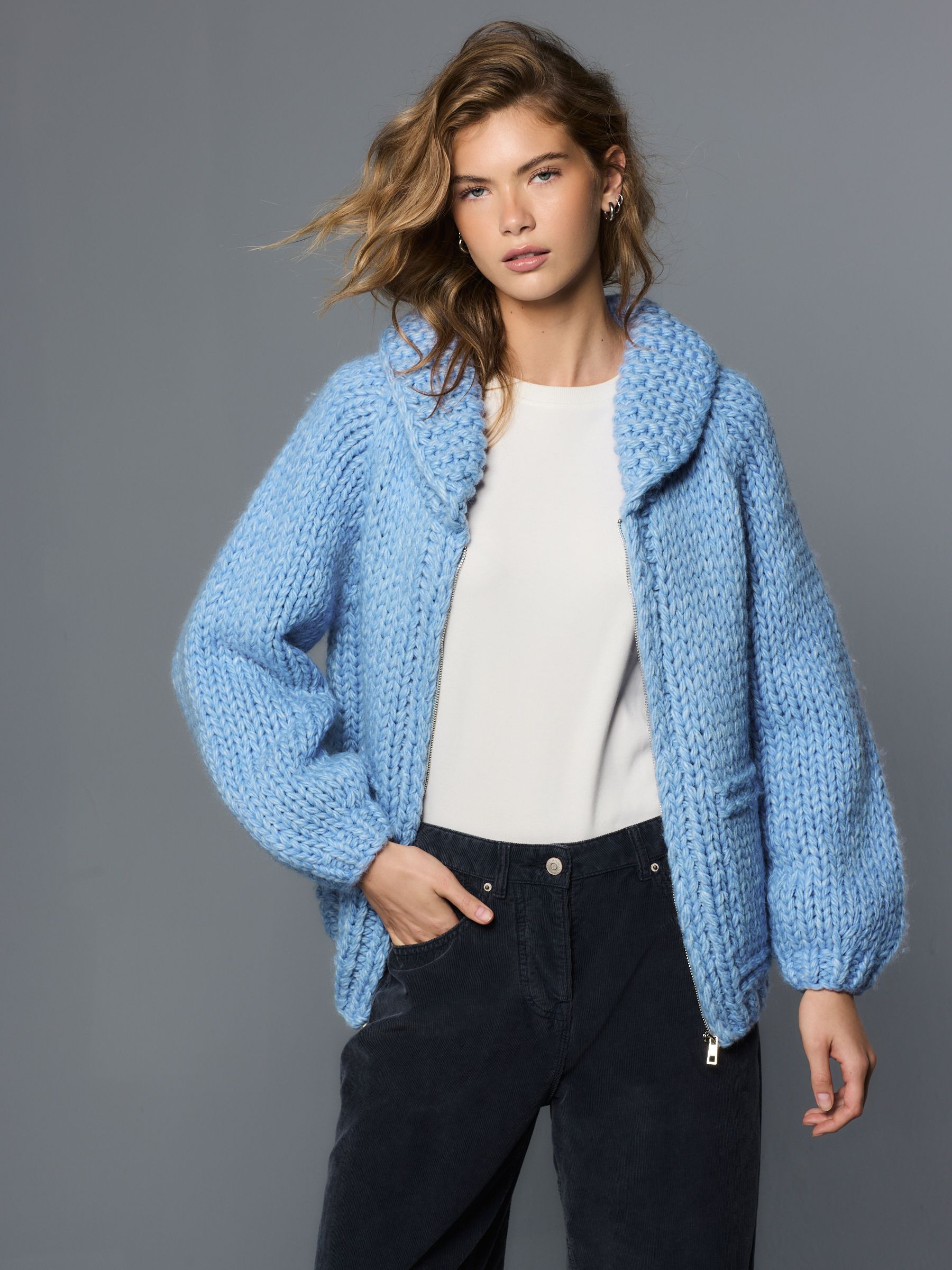 Buy Chambray Blue Hand Knit Bomber Collar Cardigan from Next Thailand