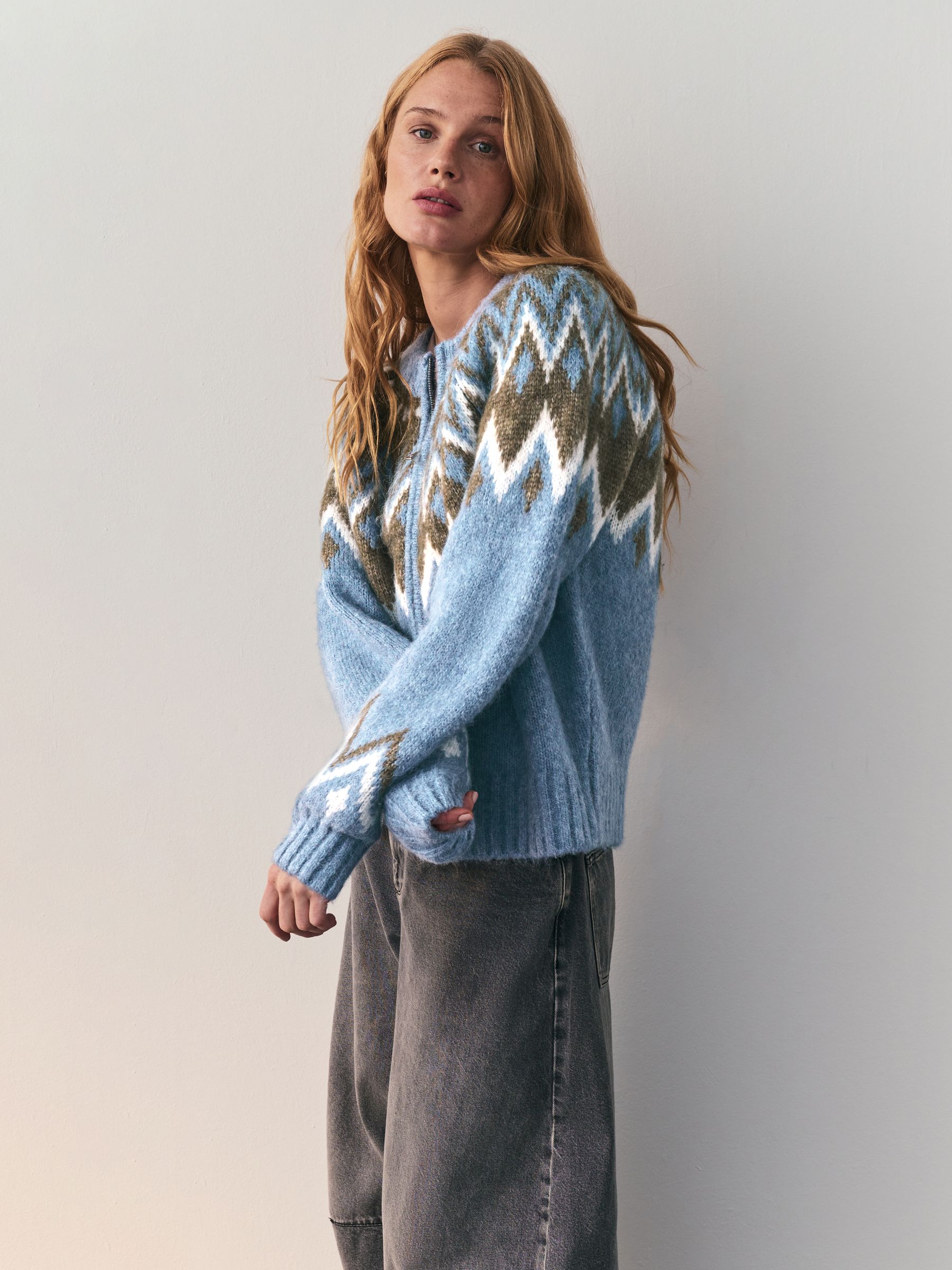 Buy Nothing Ordinary Blue Check Fairisle Pattern Knit Zip Through ...