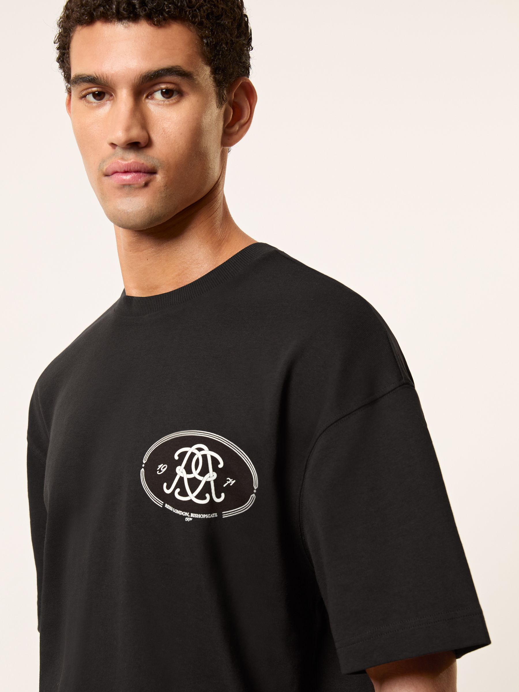 Buy Reiss Black Cuthbert Monogram-Print Cotton Relaxed-Fit T-Shirt from ...