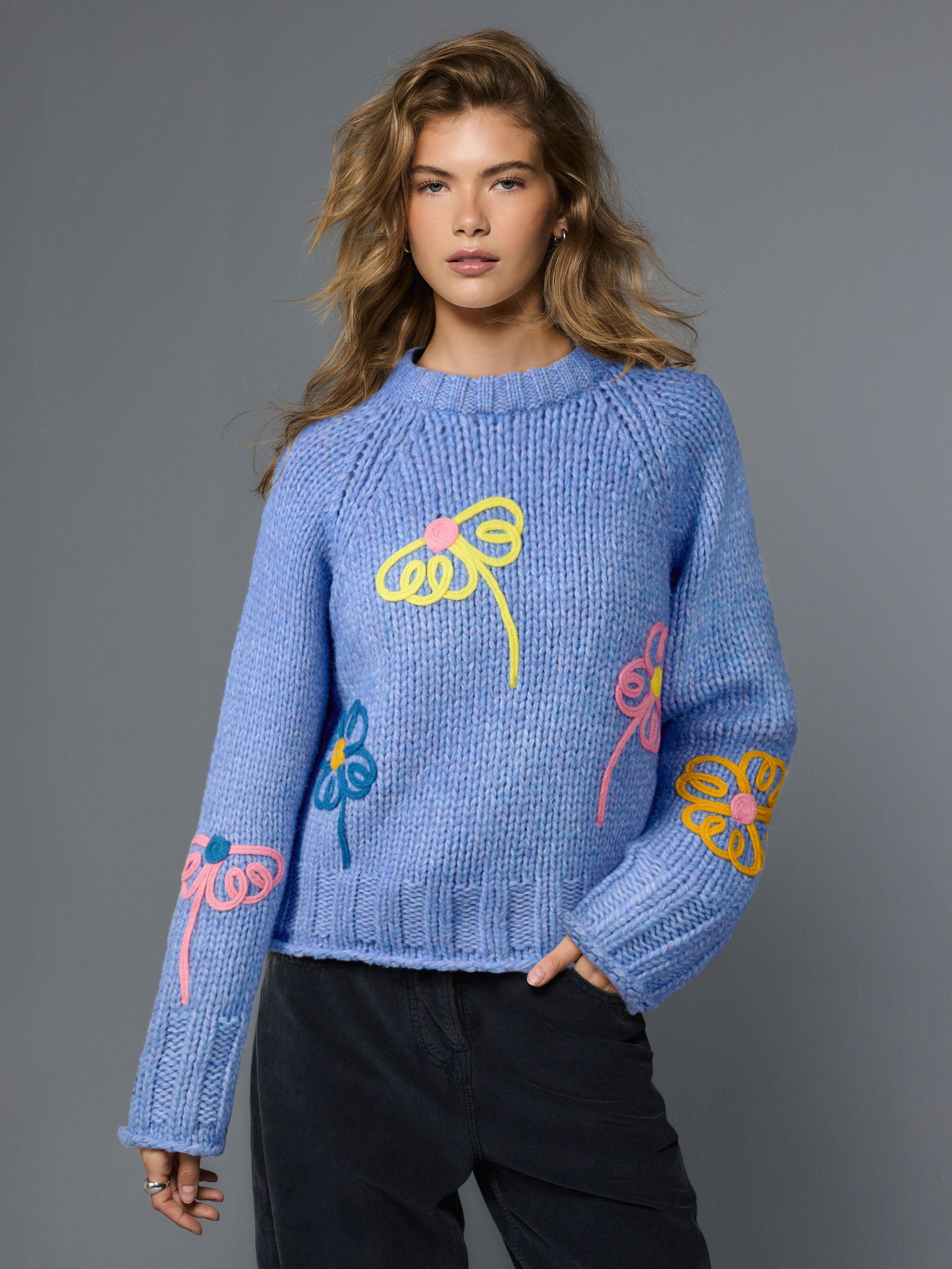 Buy Bright Blue Floral Chunky Knit Crew Neck Jumper With Wool from the ...