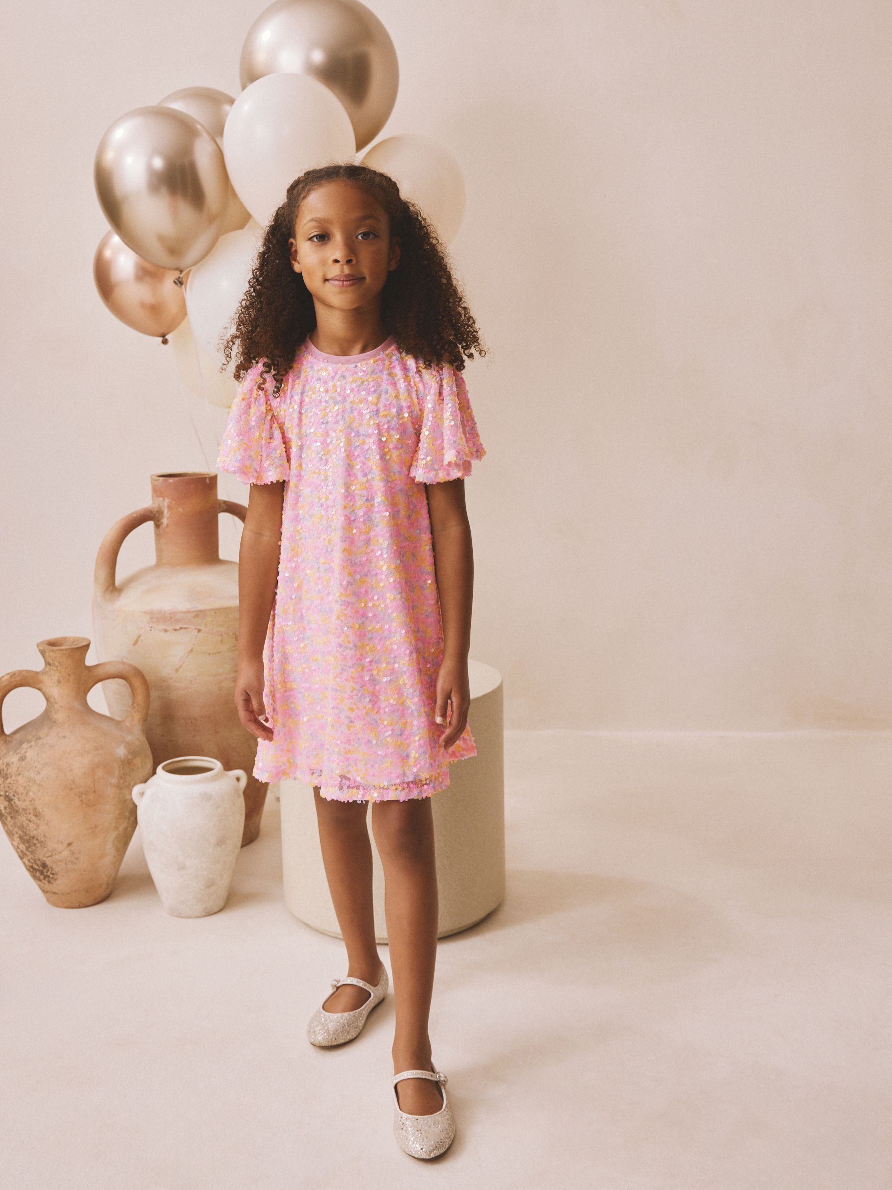 Buy Pastel Pink Angel Sleeve Sequin Party Dress (3-16yrs) from the Next ...