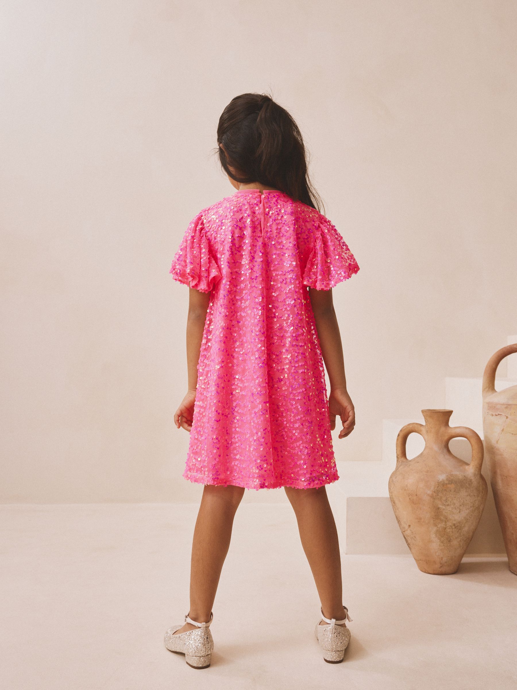 Buy Bright Pink Angel Sleeve Sequin Party Dress (3-16yrs) from Next USA