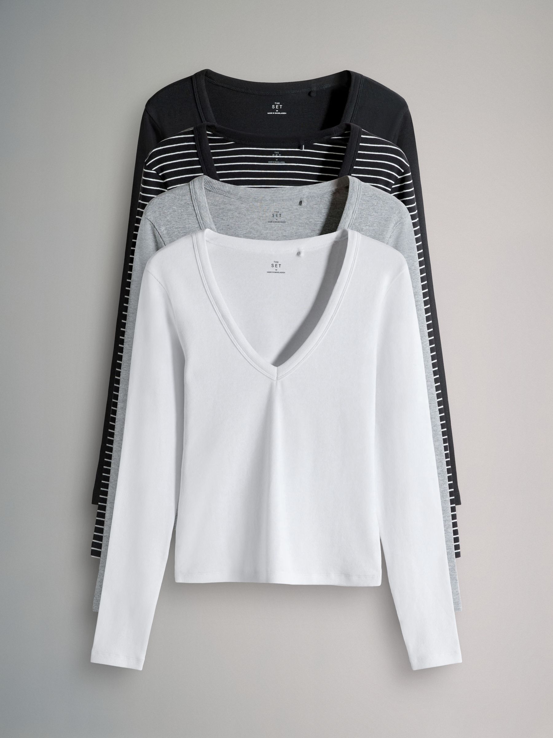 Buy The Set 4 Pack V-Neck Ribbed Long Sleeve T-Shirts Black/Stripe/Grey ...