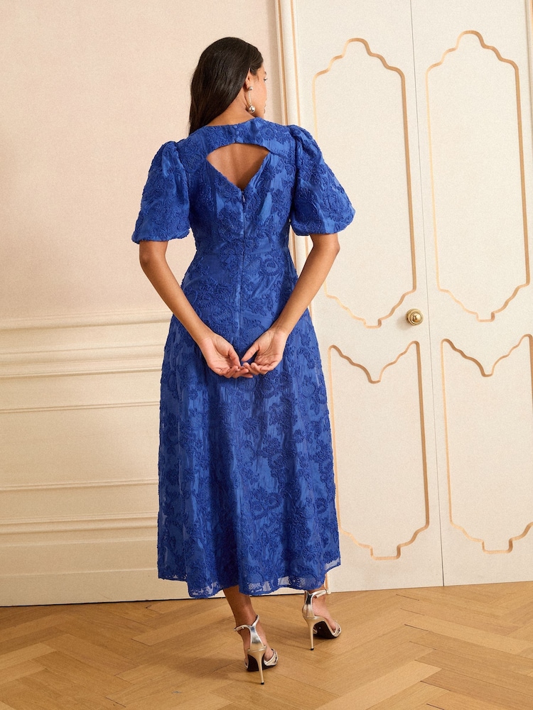Buy Love & Roses Cobalt Blue Textured Puff Sleeve Crew Neck Midi Dress ...