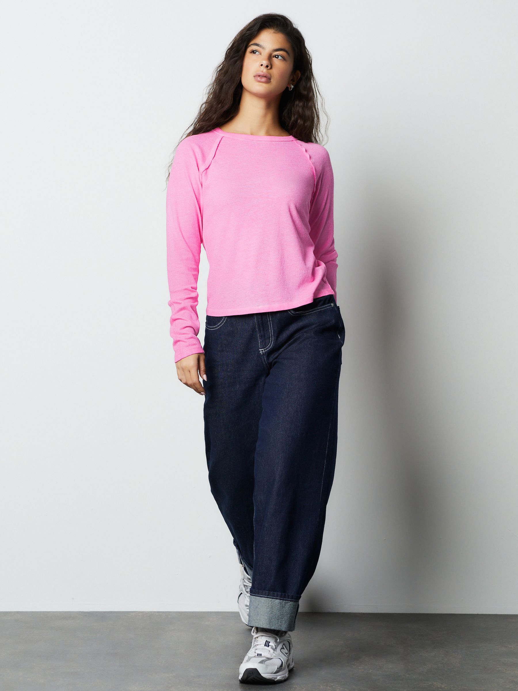 Buy Fluro Pink Long Sleeve Washed Effect Raw Seam T-Shirt from the Next ...