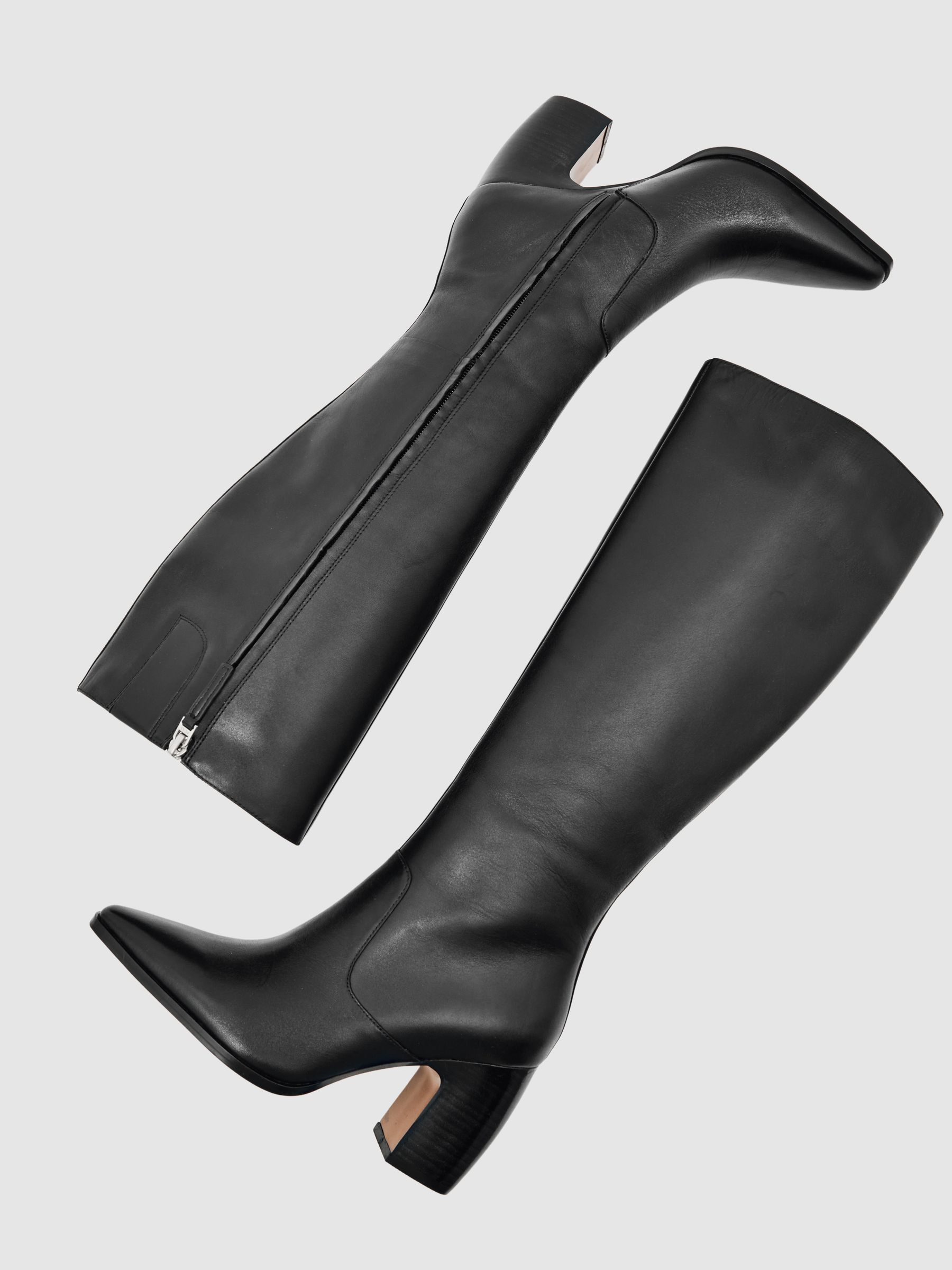 Buy Reiss Black Gabrielle Leather Knee-High Block-Heel Boots from the ...