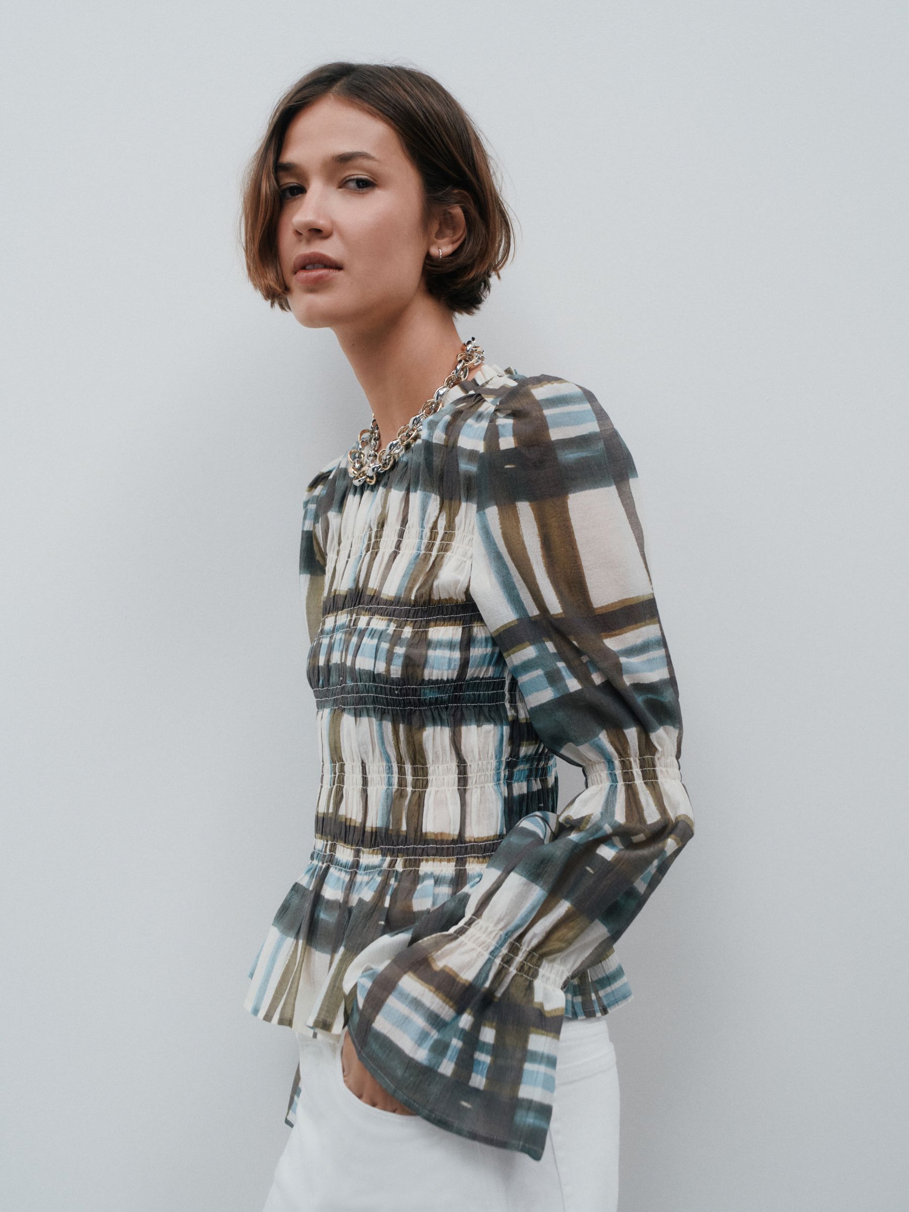 Buy Khaki/Cream Check Sheer Smocked Long Sleeve Top from Next Australia