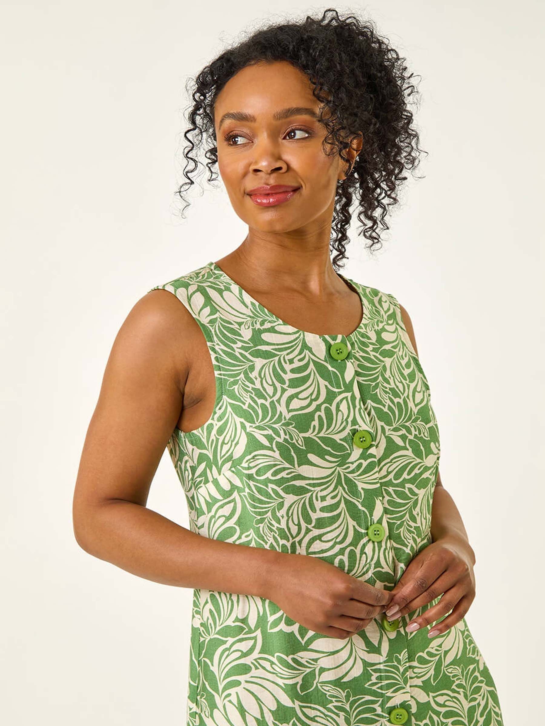 Buy Roman Green Petite Leaf Print Buttoned A-Line Dress from Next South ...