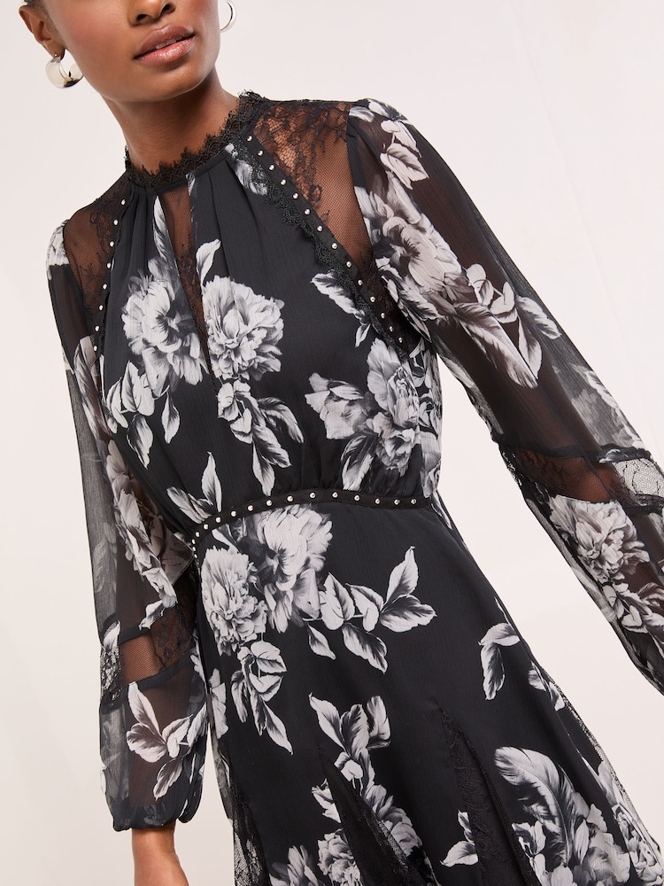 Buy Lipsy Black Floral Print Lace Insert and Studs Long Sleeve High ...