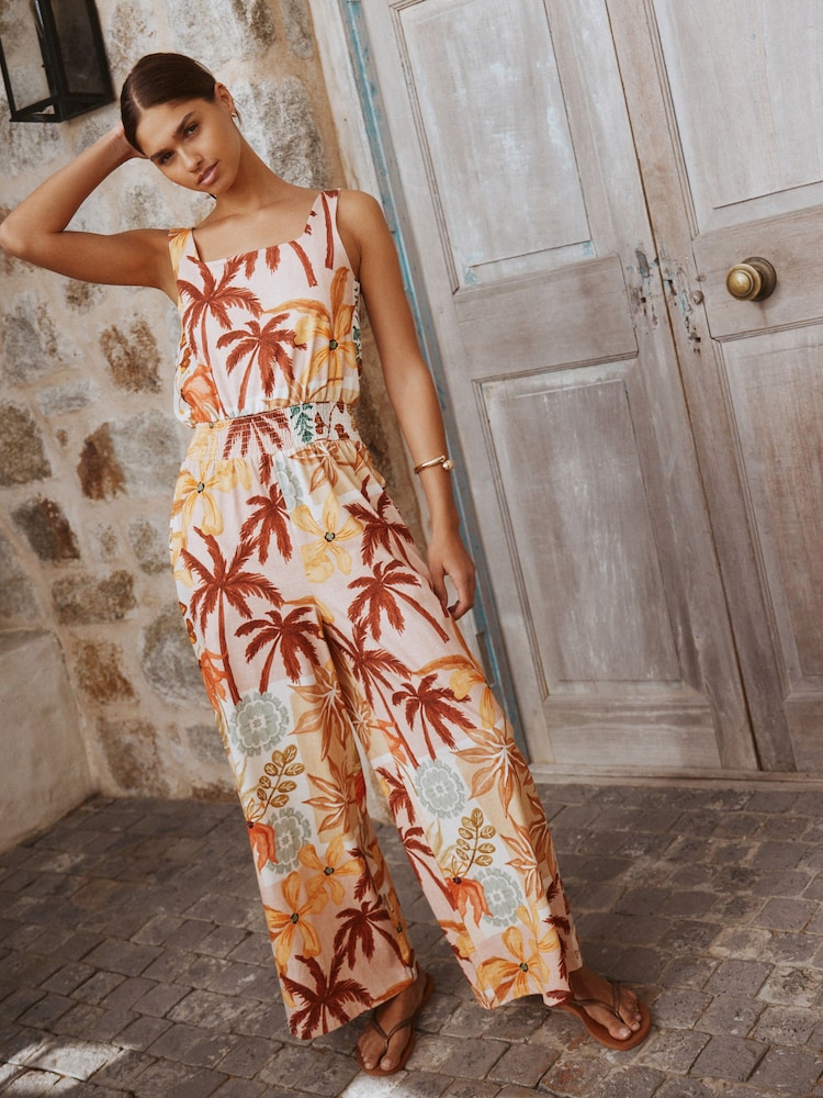 Buy Pink Floral Patch Print Square Neck Wide Leg Jersey Jumpsuit from ...