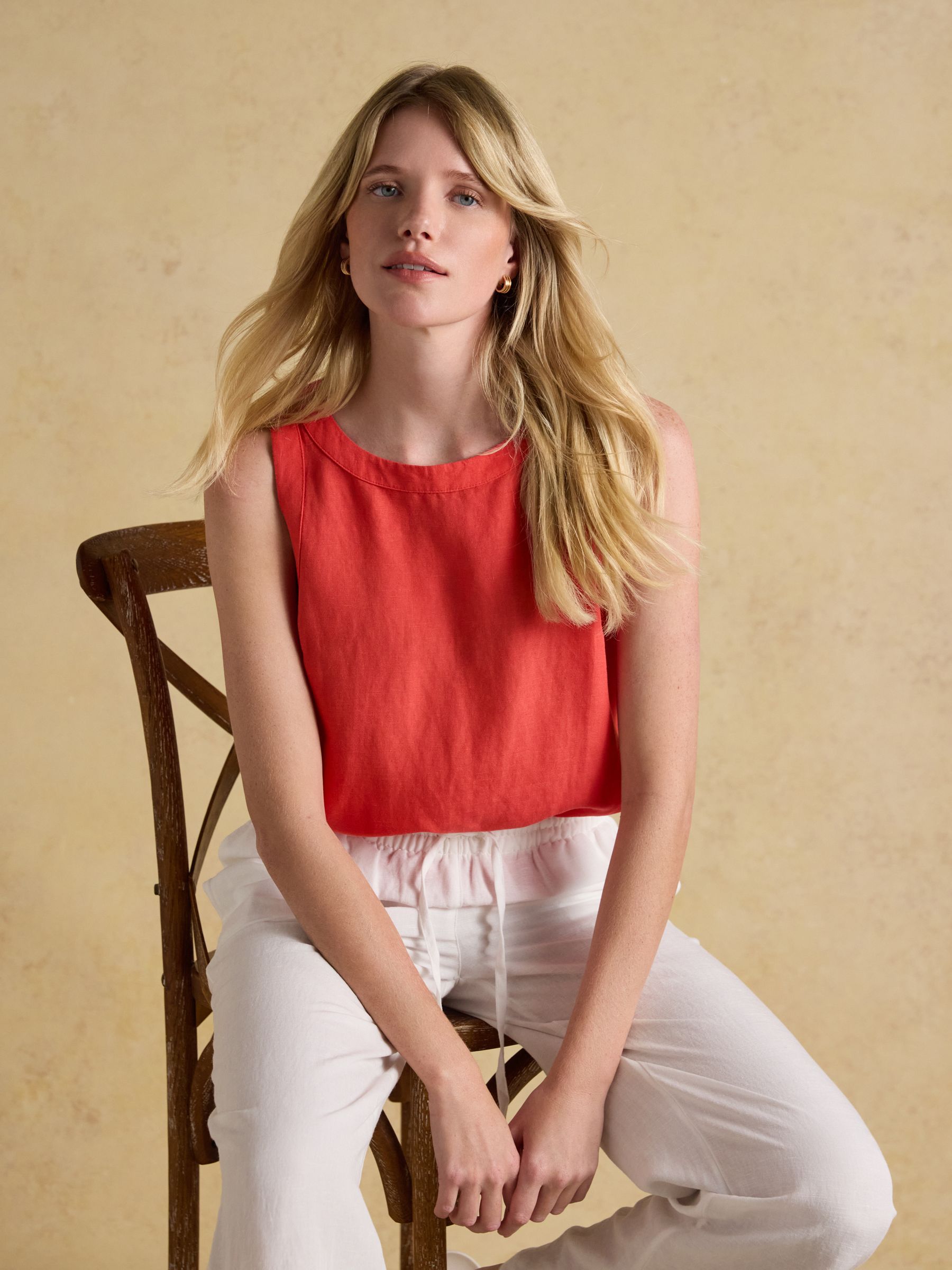 Buy Joules Cove Orange Round Neck Sleeveless Top with Linen from the ...