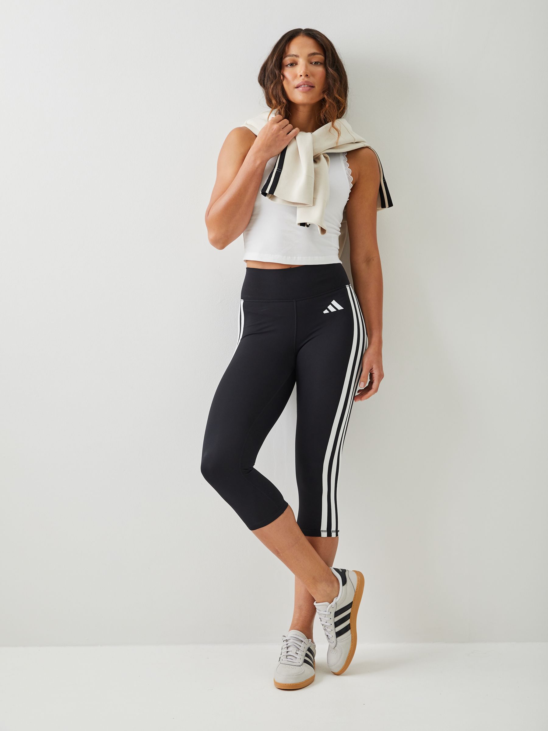 Buy adidas Black Optime Essentials Workout 3-Stripes 3/4 Leggings from ...