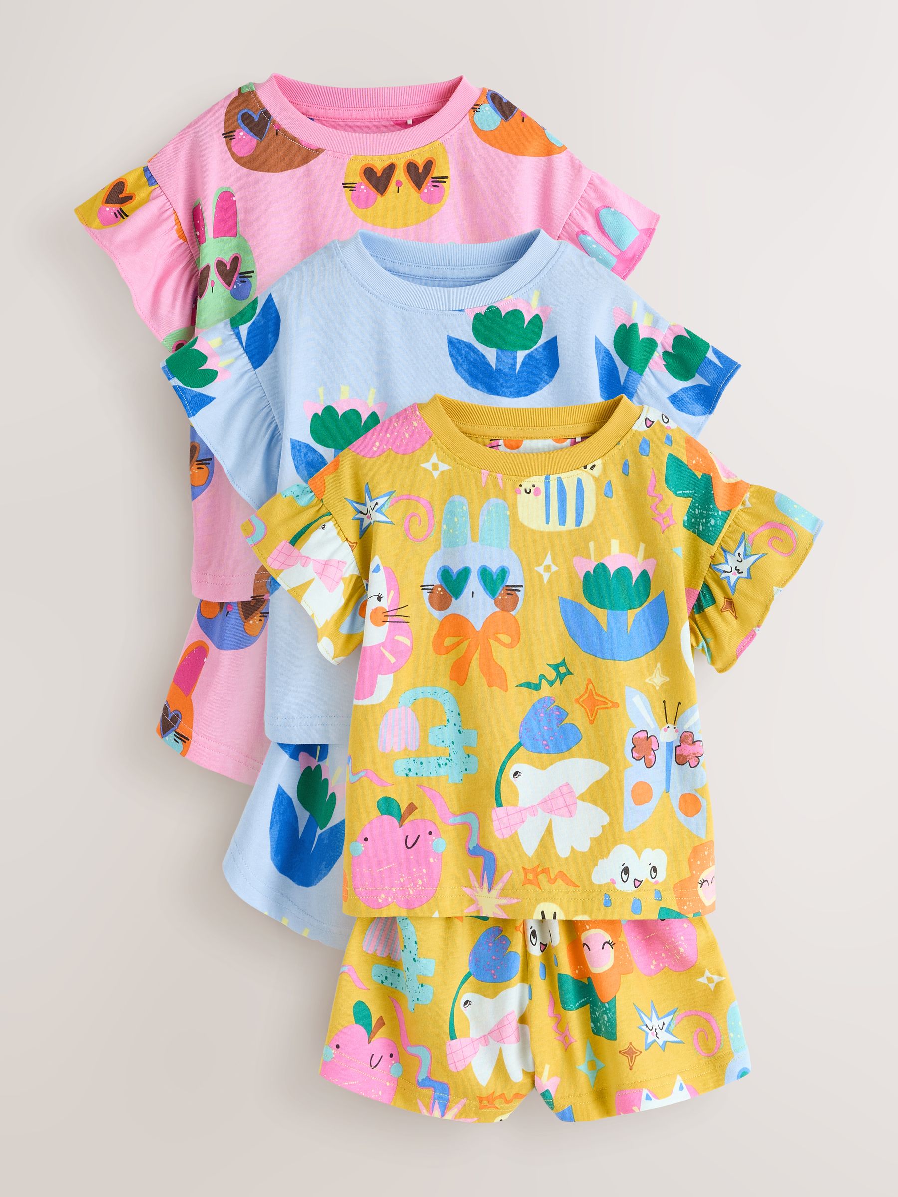Buy Pink/Blue Cat/Floral Print Short Pyjamas 3 Pack (9mths-12yrs) from ...