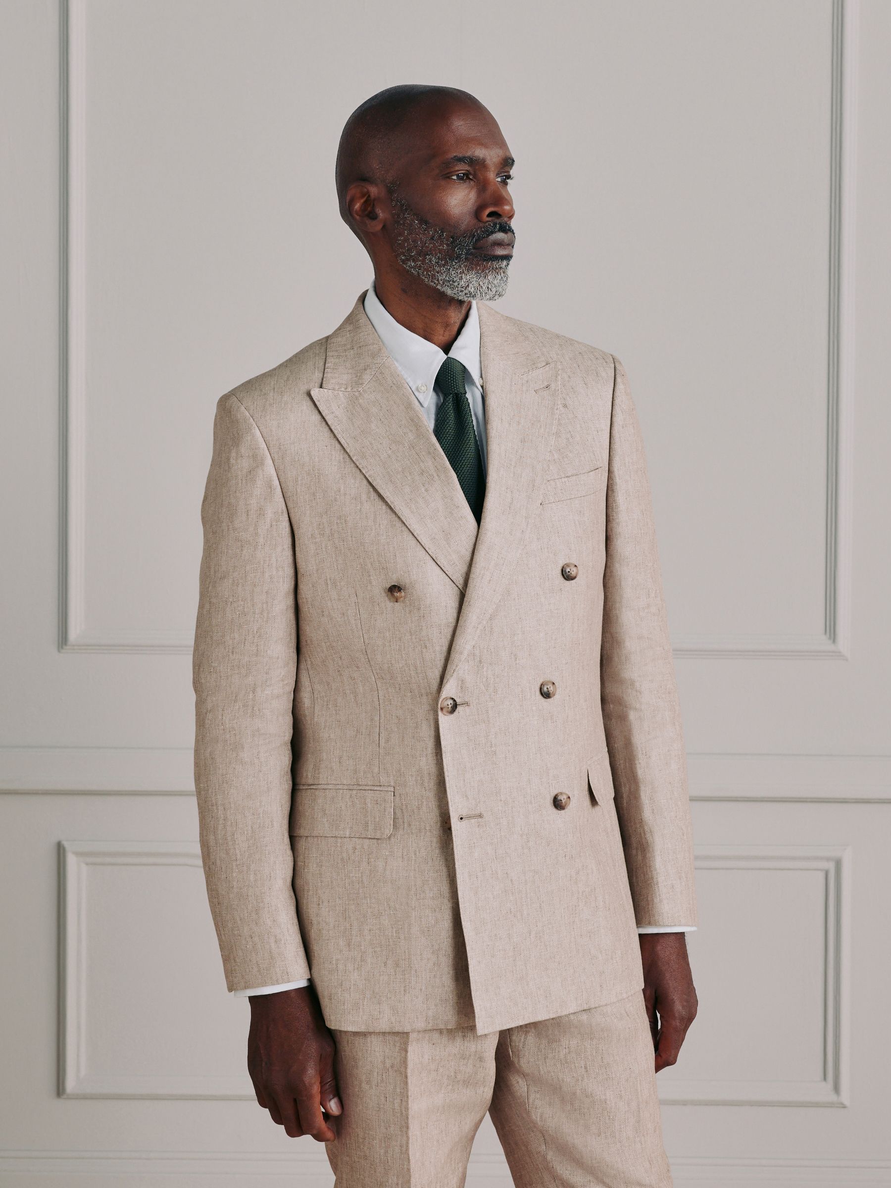 Buy Stone Tailored Fit Double Breasted Signature Italian Linen Suit ...