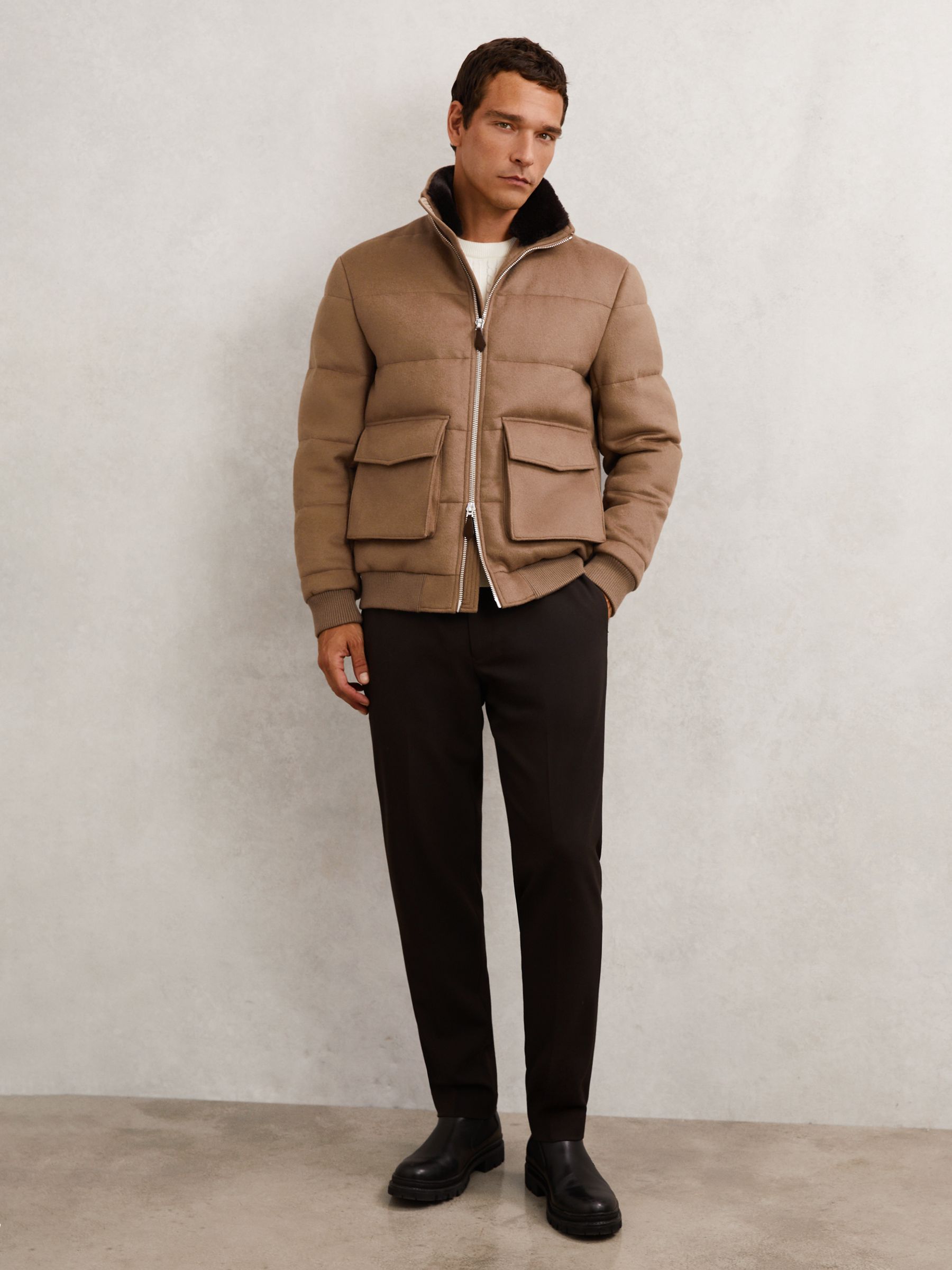 Buy Reiss Light Brown Gerald Faux-Fur Collar Quilted Puffer Jacket from ...