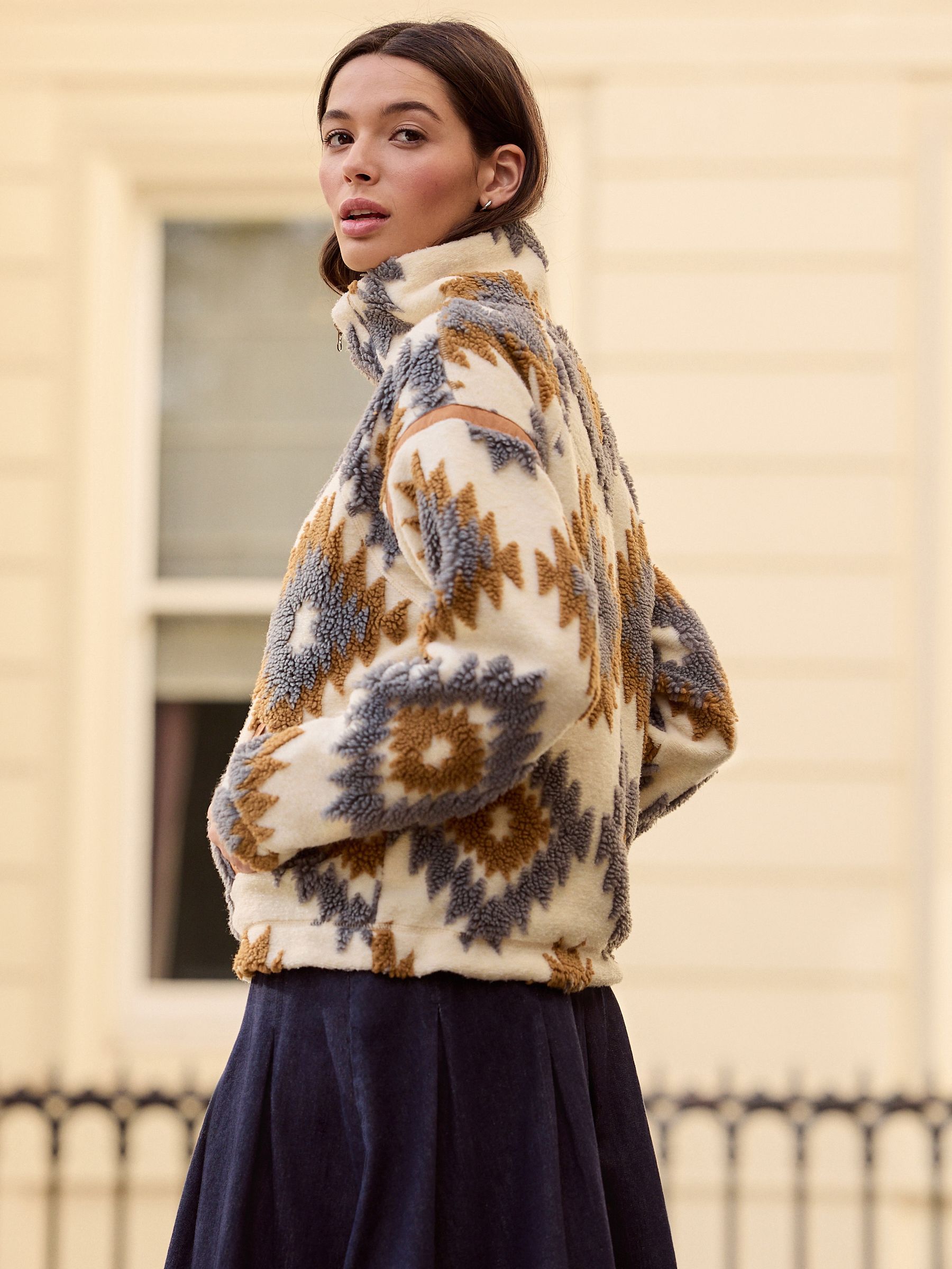 Buy Neutral/Grey N. Premium Aztec Print Borg Half Zip Jacket from Next ...