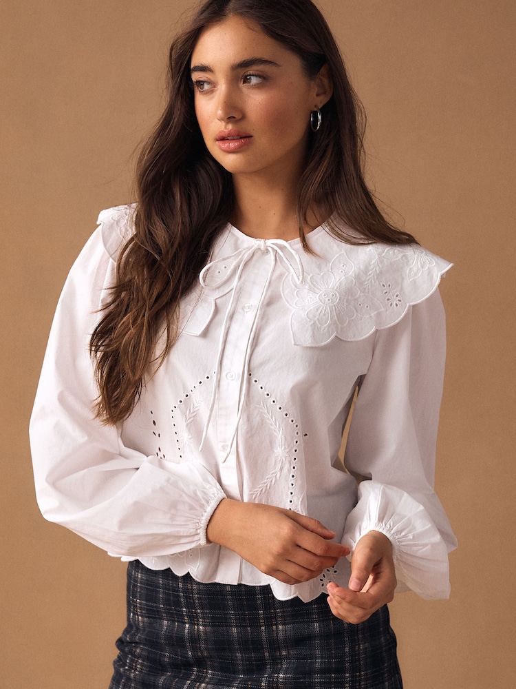 Buy White Statement Collar Broderie Long Sleeve Blouse from Next ...