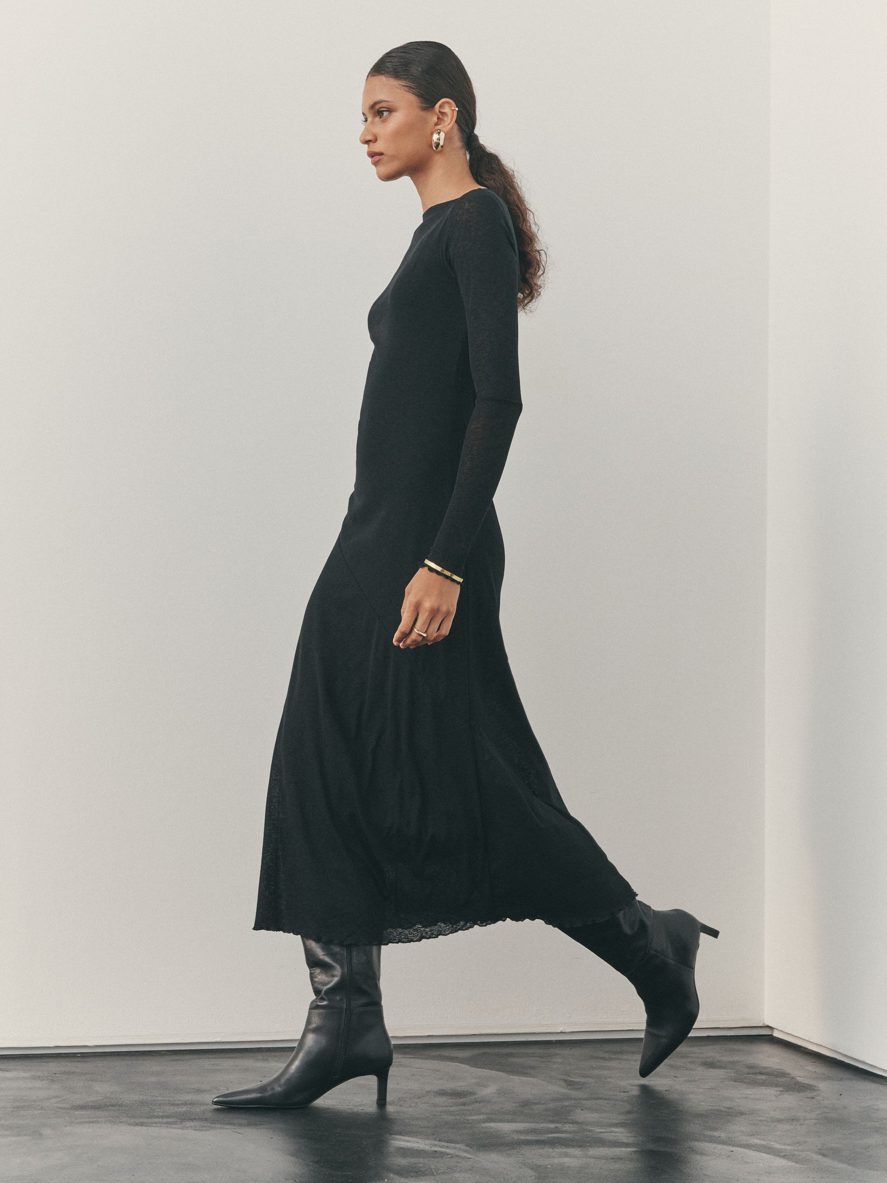 Buy Nothing Ordinary Black Print Mesh Slash Neck Long Sleeve Midi Dress ...