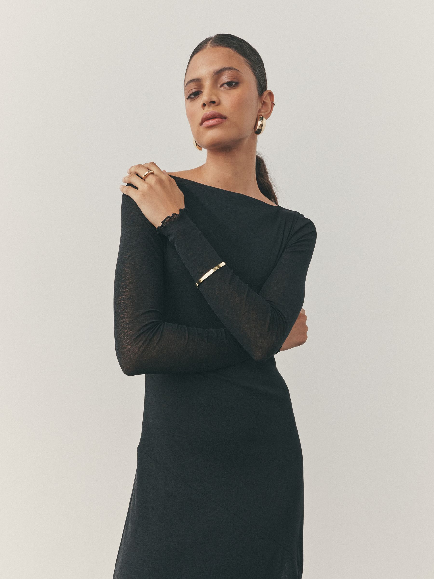Buy Nothing Ordinary Black Print Mesh Slash Neck Long Sleeve Midi Dress ...