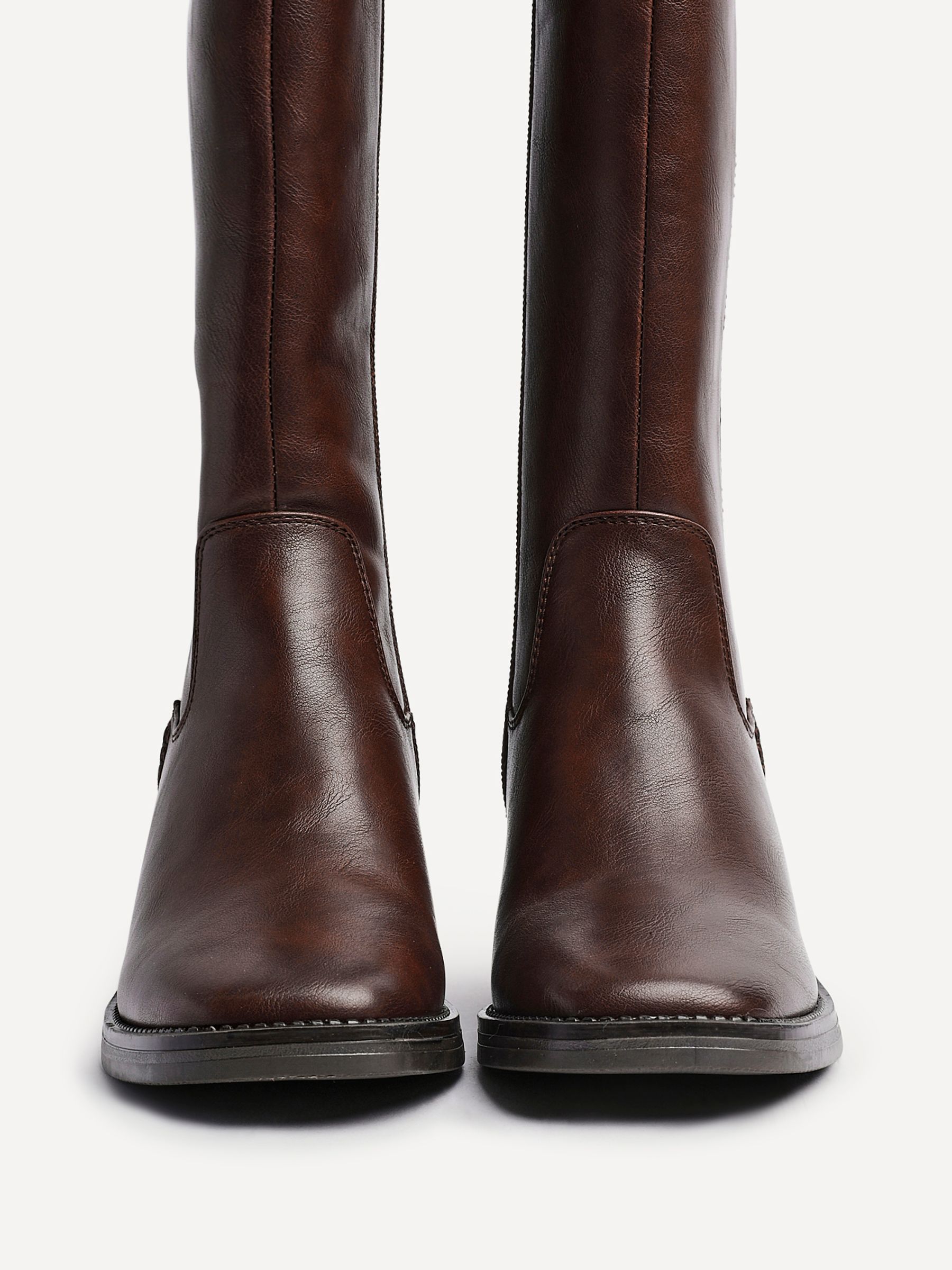 Buy Linzi Brown Reason Block Heel High Leg Boots With Back Stretch ...