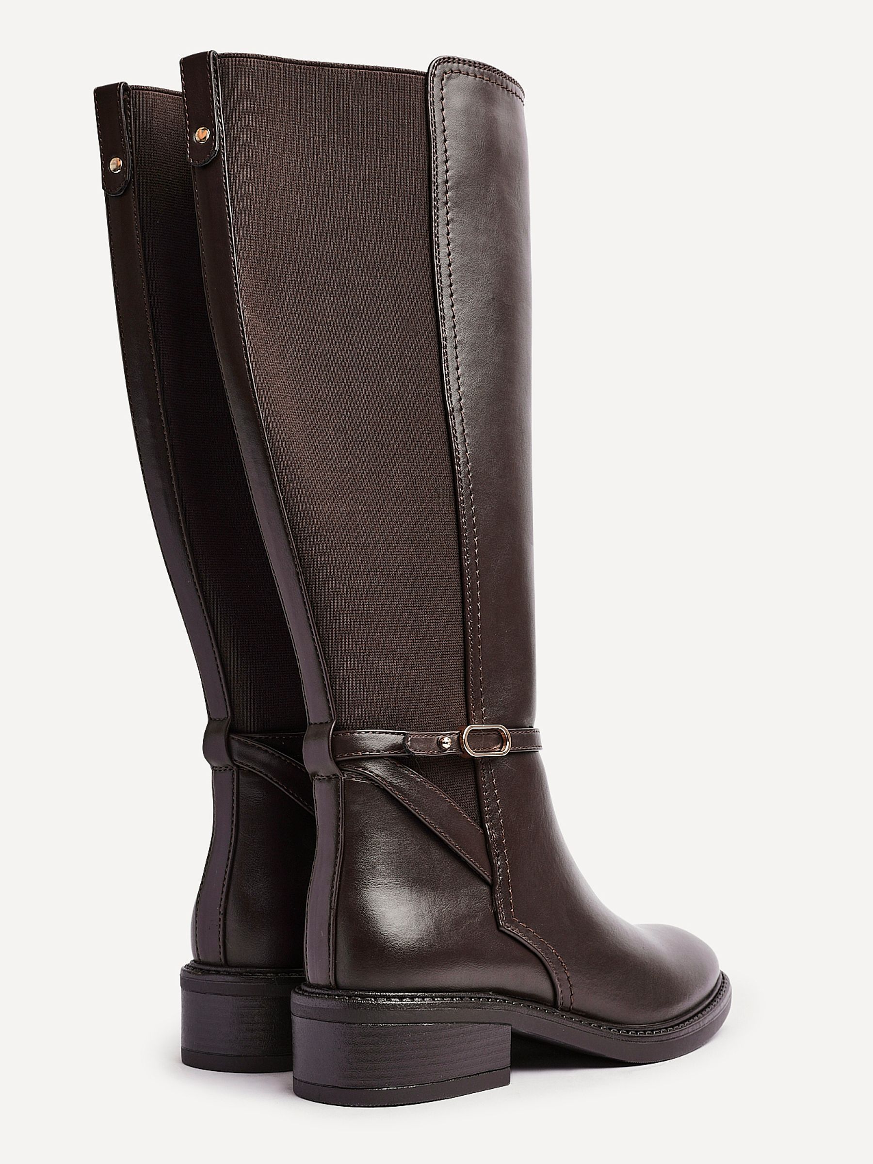Buy Linzi Brown Power High Leg Boots With Stretch Side Panel and Buckle ...