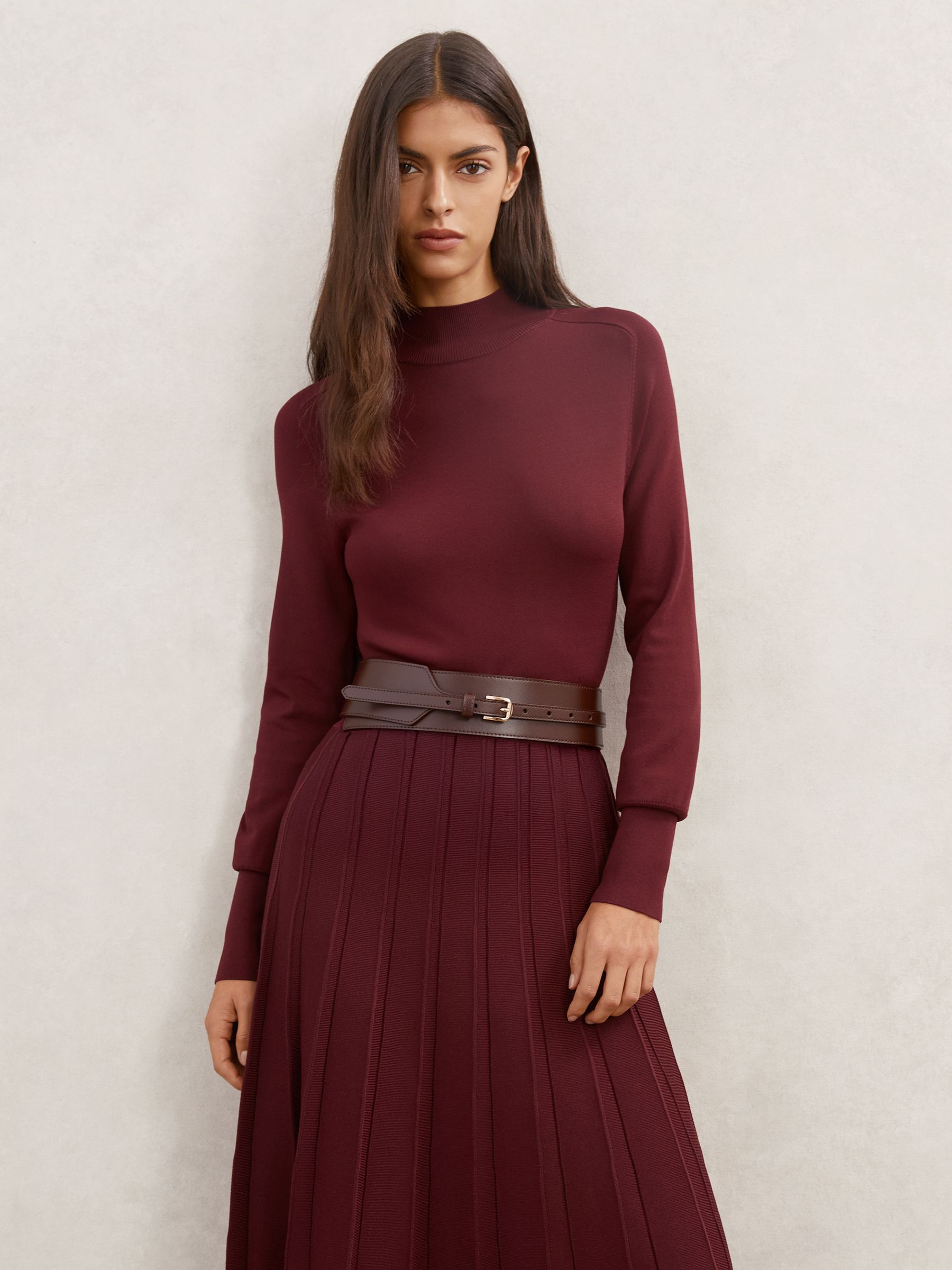Buy Reiss Raspberry Red Alicia Belted Knit Pleated Midi Dress from the ...