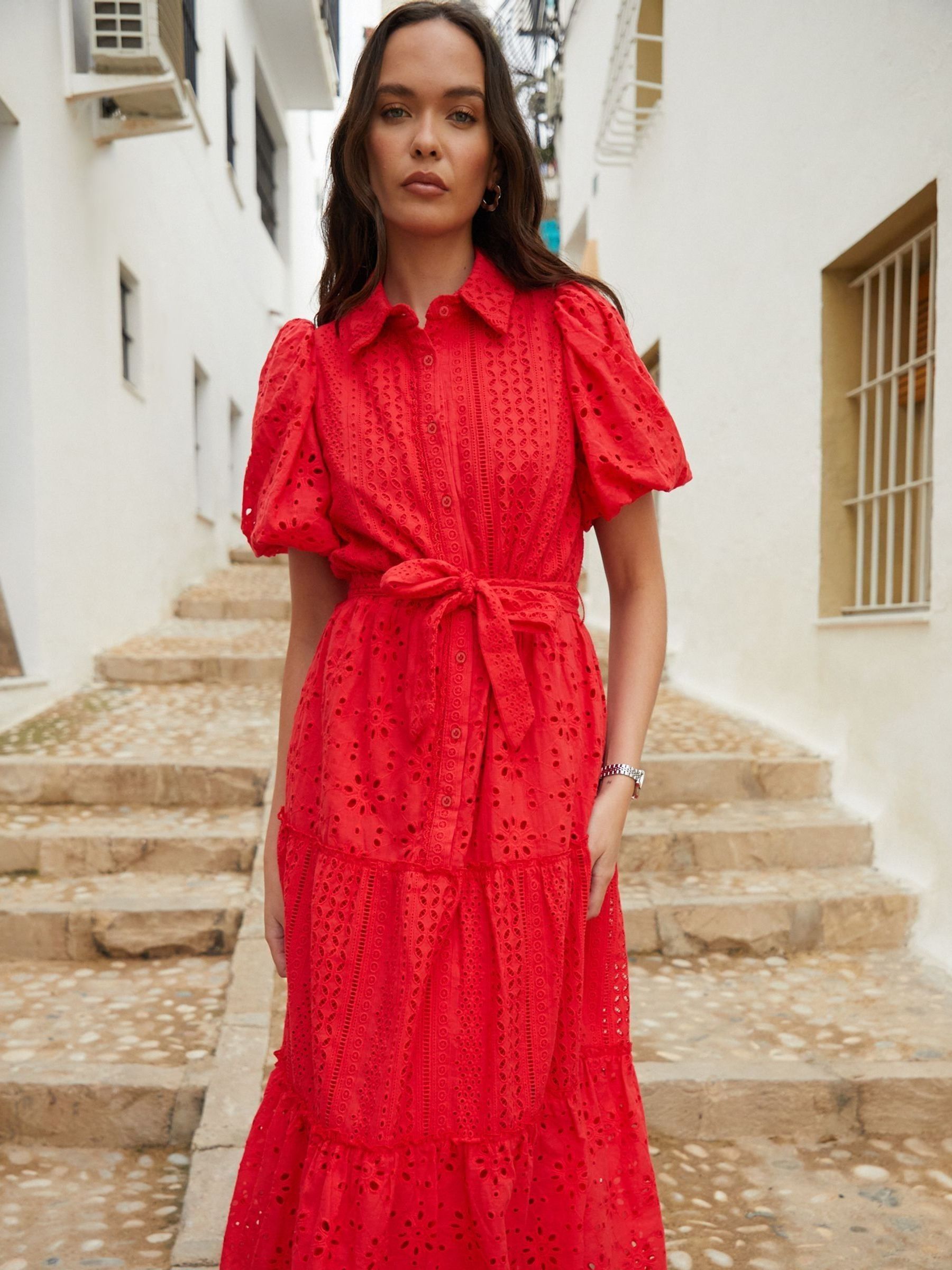 Buy Another Sunday Red Broderie Button Through Midi Shirt Dress from ...