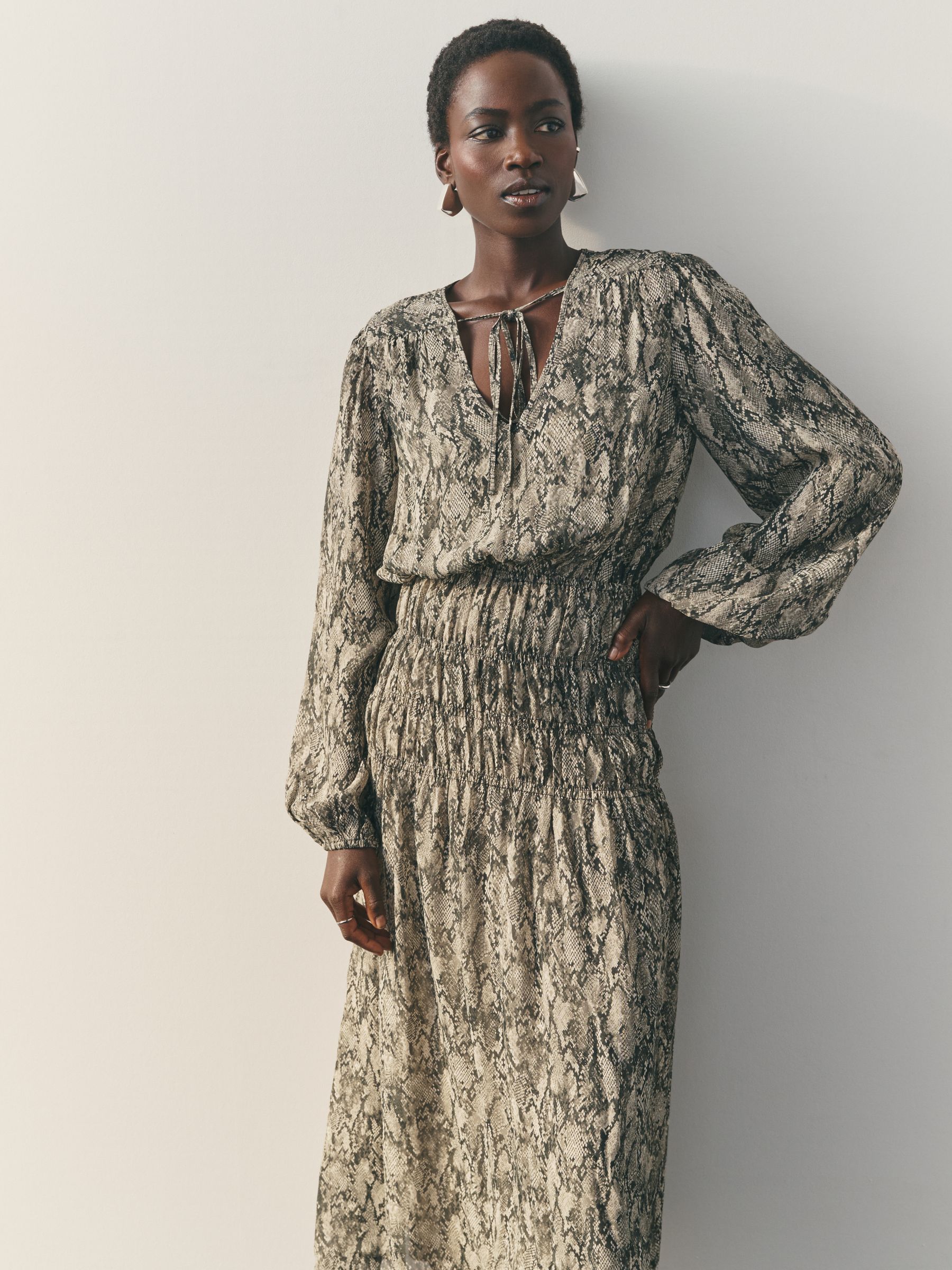 Buy Nothing Ordinary Snake Shirred Waist Tie Front Midi Dress from the ...