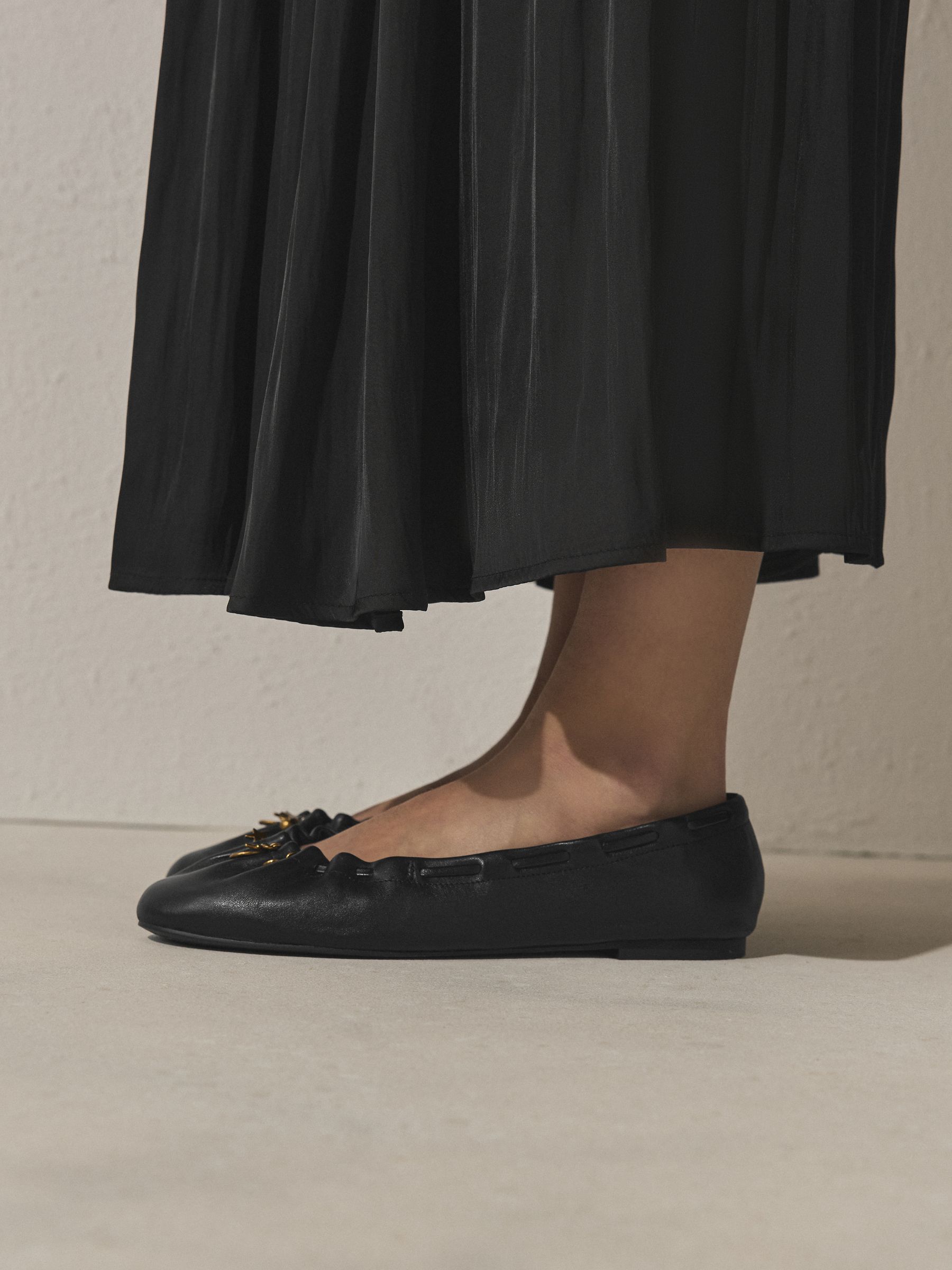 Buy Black Forever Comfort® Leather Ruched Charm Ballet Flats from the ...