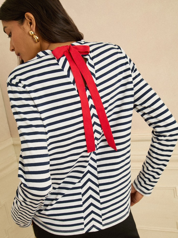 Buy Love & Roses Navy Stripe Tie Back Embroidered Bisou Long Sleeve ...