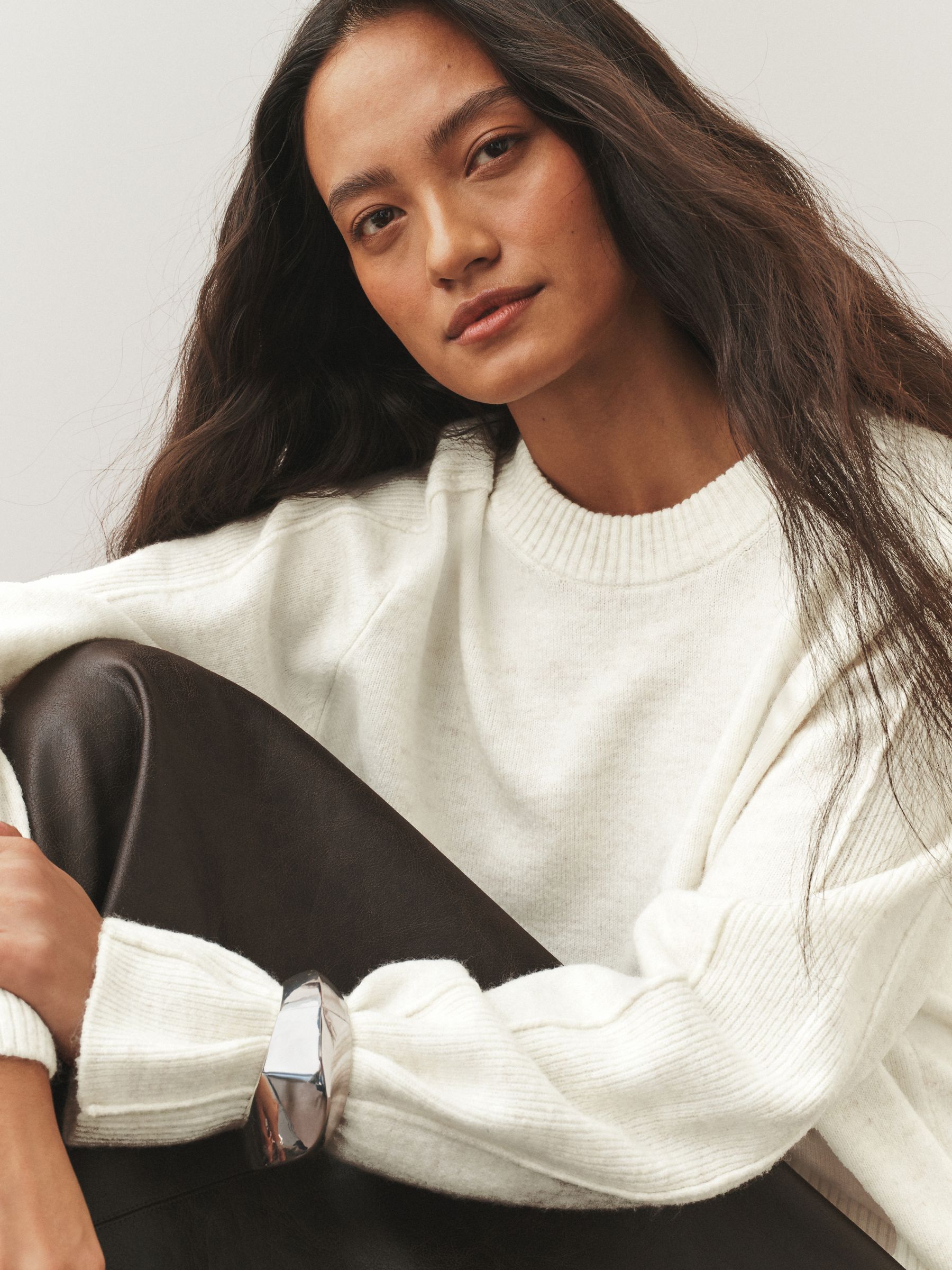Buy Ecru Crew Neck Knitted Jumper with Wool from the Next UK online shop
