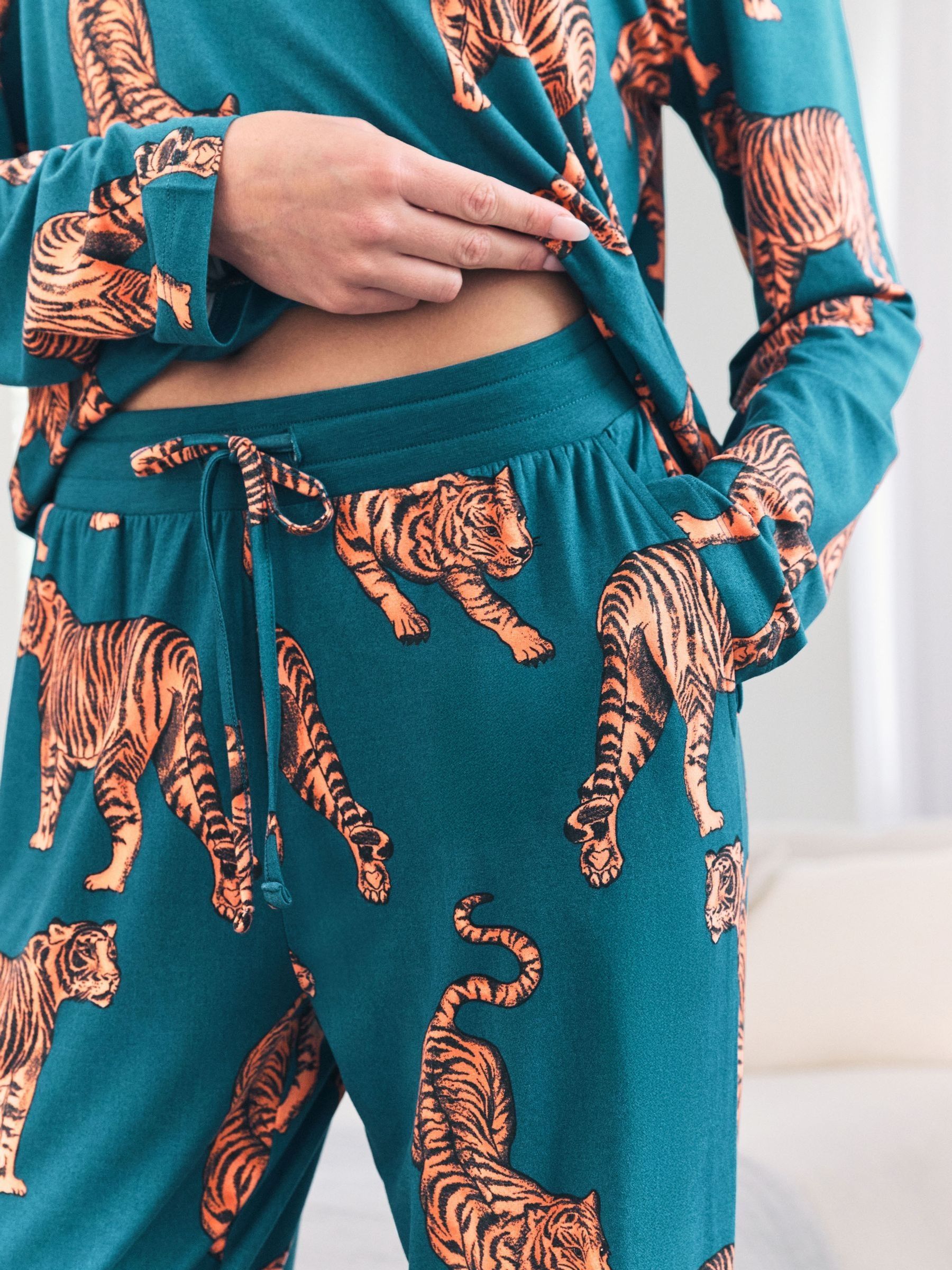 Buy Chelsea Peers Green Trouser Tiger Print Long Pyjamas Set from the ...