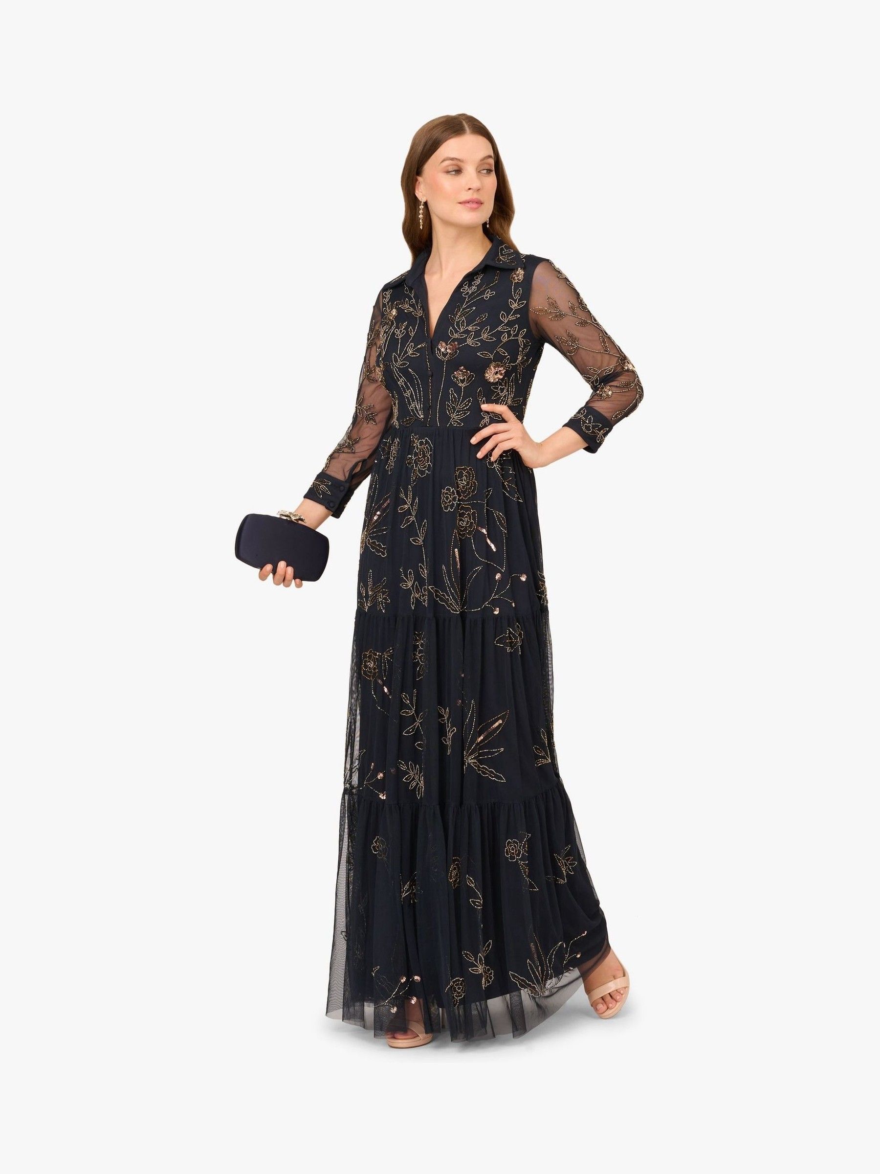 Buy Adrianna Papell Blue Bead Mesh Long Dress from the Next UK online shop