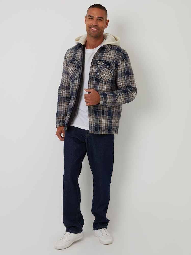 Buy Threadbare Blue Check Quilted Shacket with Borg Lined Hood from ...