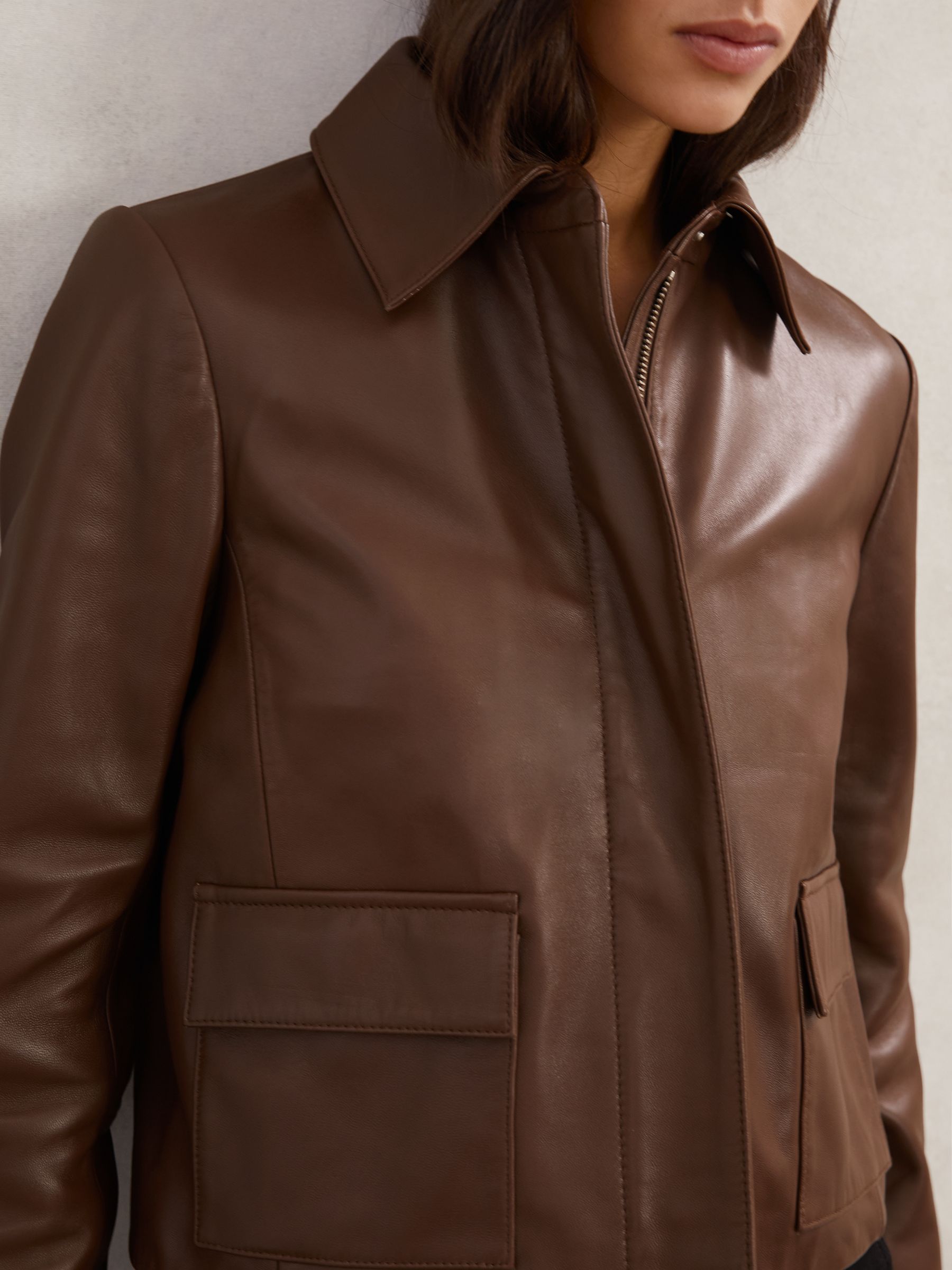 Buy Reiss Mocha Brown Drew Collared Leather Jacket from Next USA