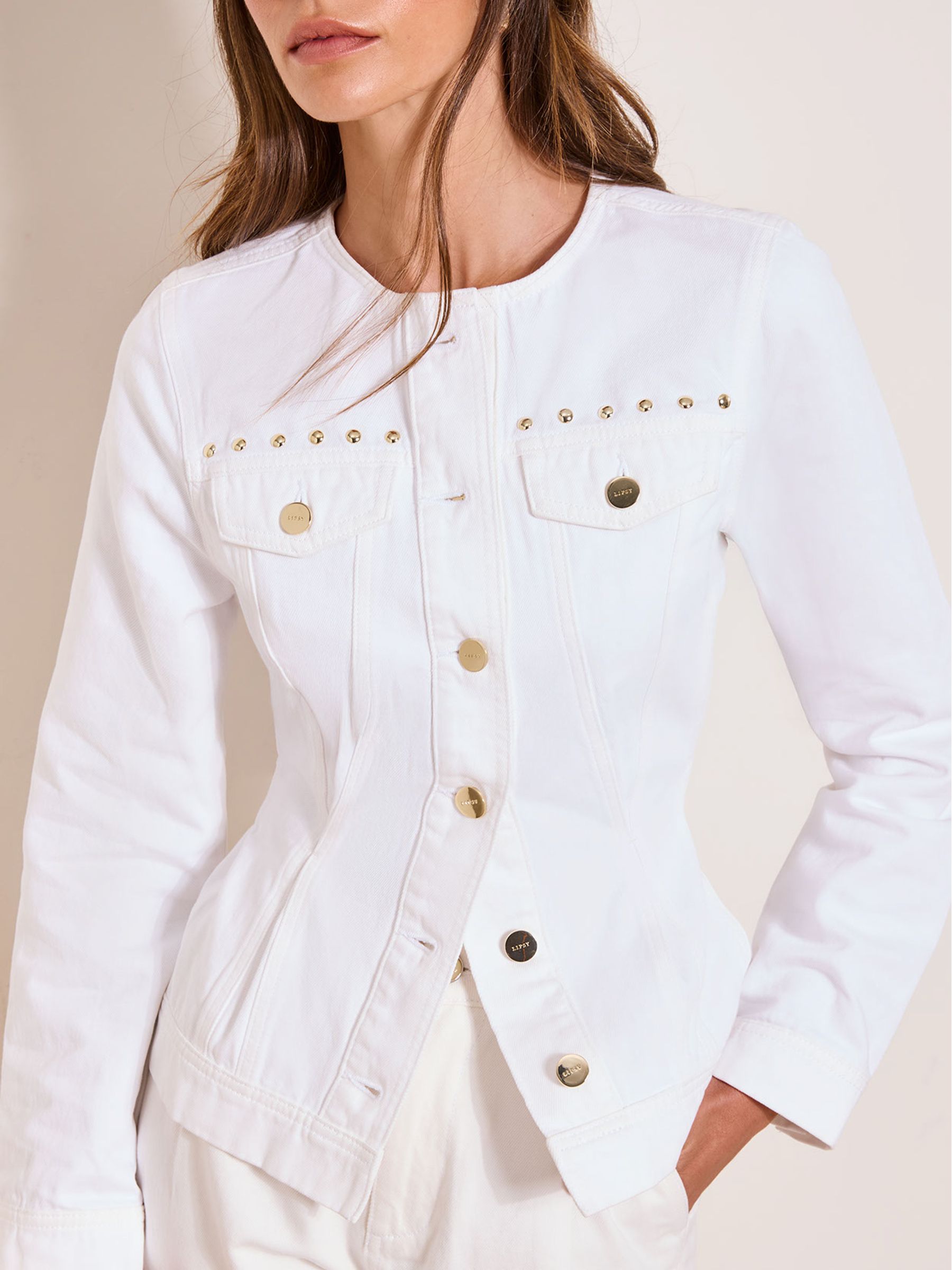 Buy Lipsy Studded White Collarless Cinched Waist Denim Jacket from the ...
