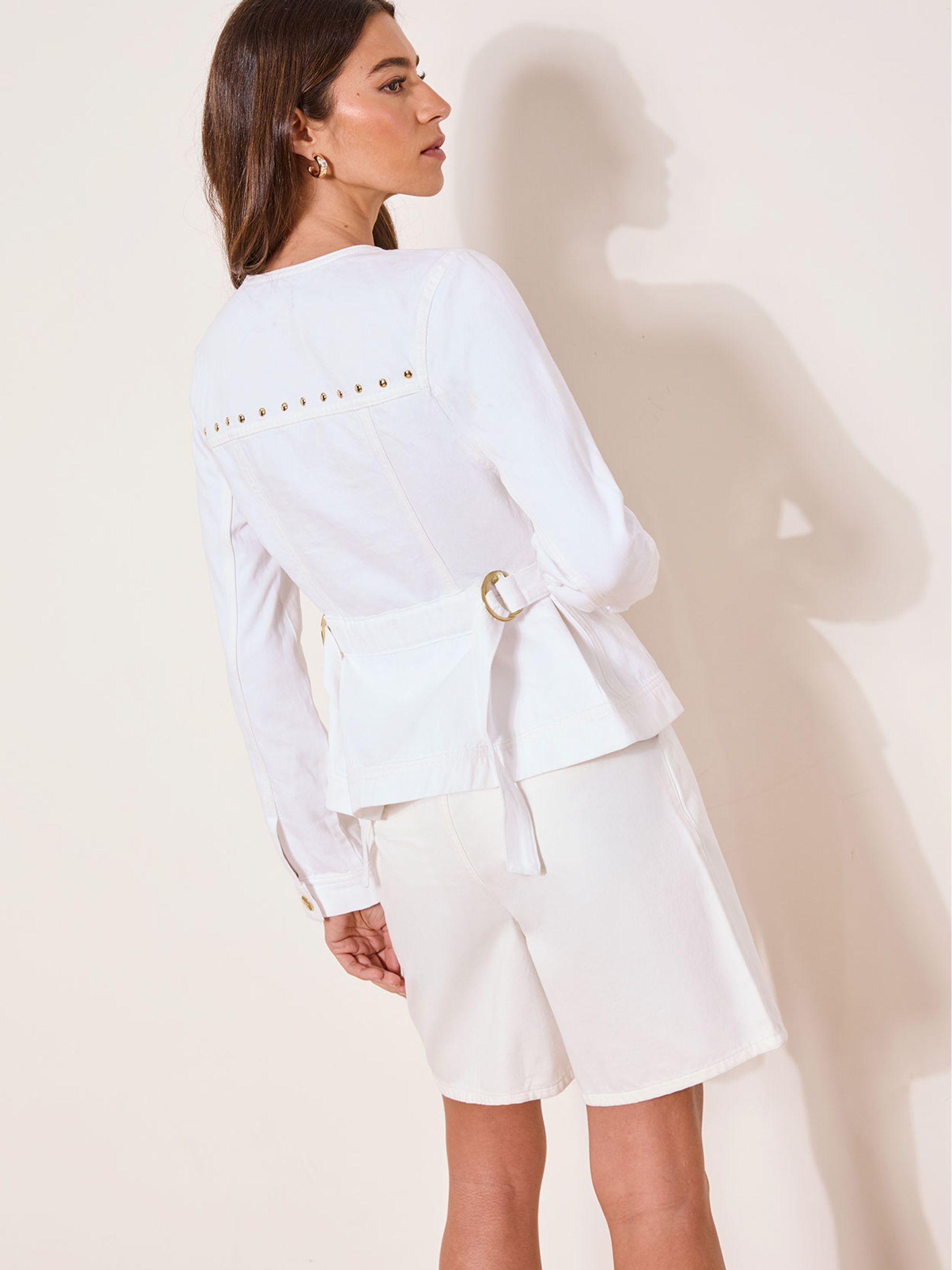 Buy Lipsy Studded White Collarless Cinched Waist Denim Jacket from the ...