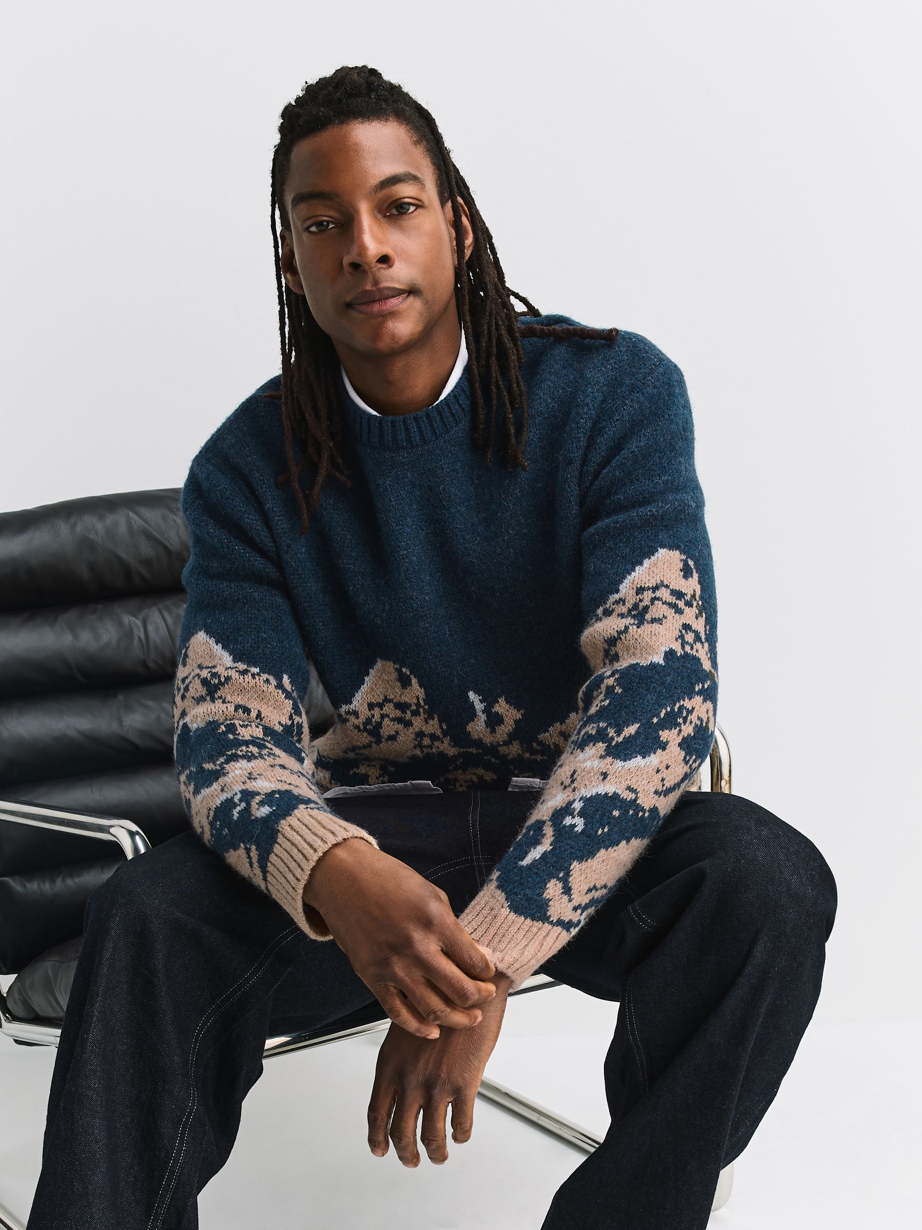 Buy Navy Blue Relaxed Fit Knitted Mountain Landscape Crew Neck Jumper ...