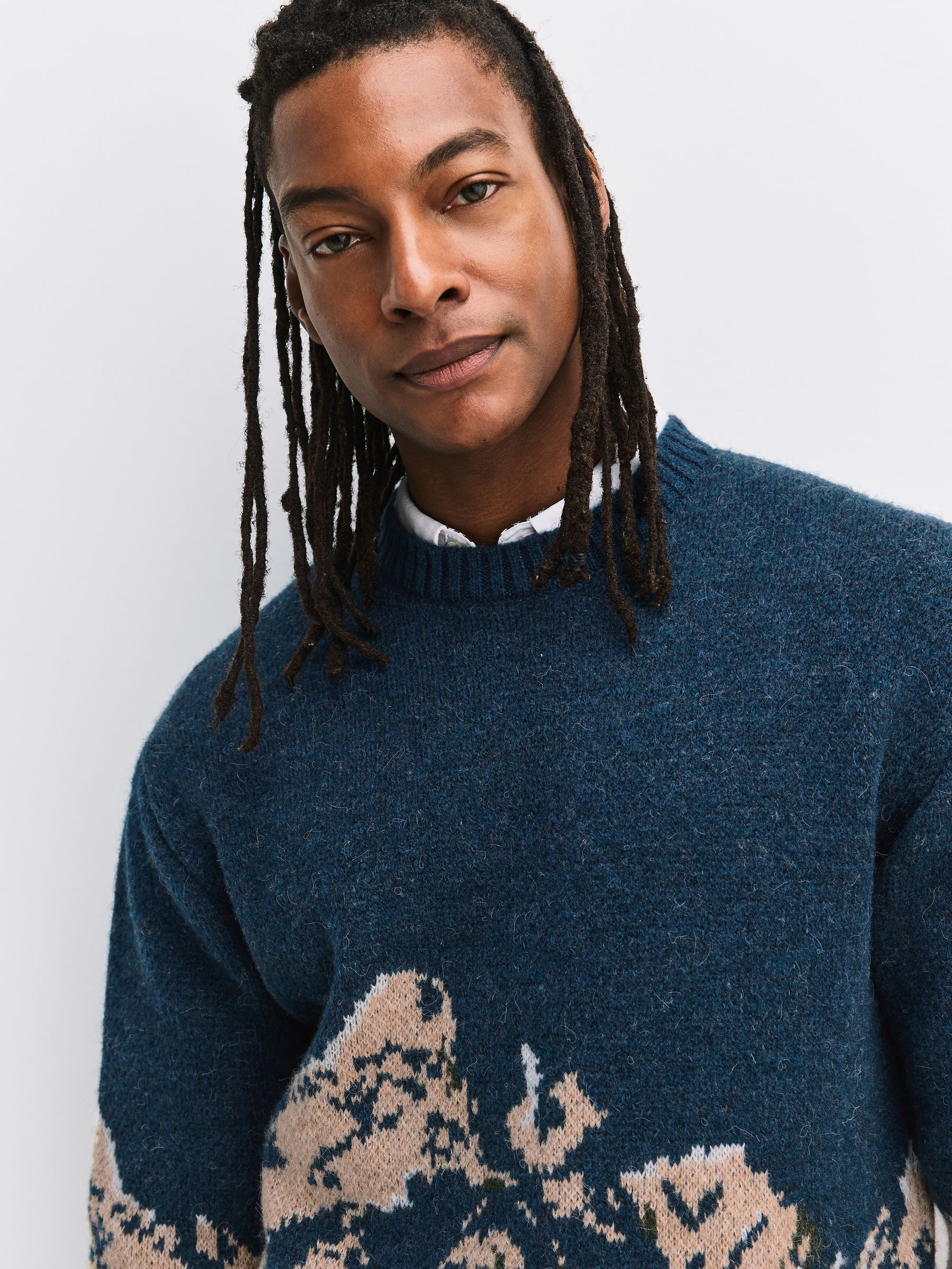 Buy Navy Blue Relaxed Fit Knitted Mountain Landscape Crew Neck Jumper ...