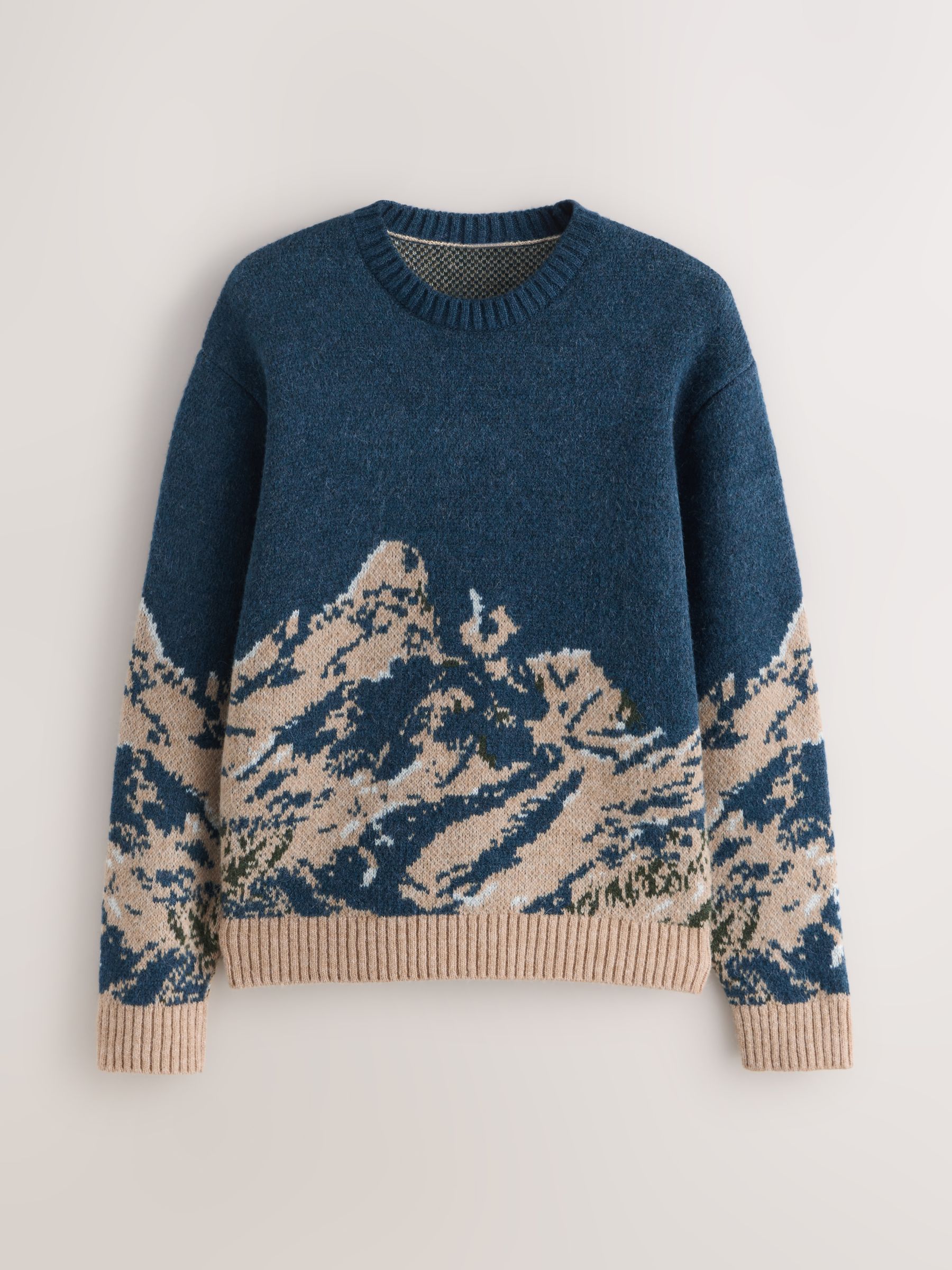 Buy Navy Blue Relaxed Fit Knitted Mountain Landscape Crew Neck Jumper ...