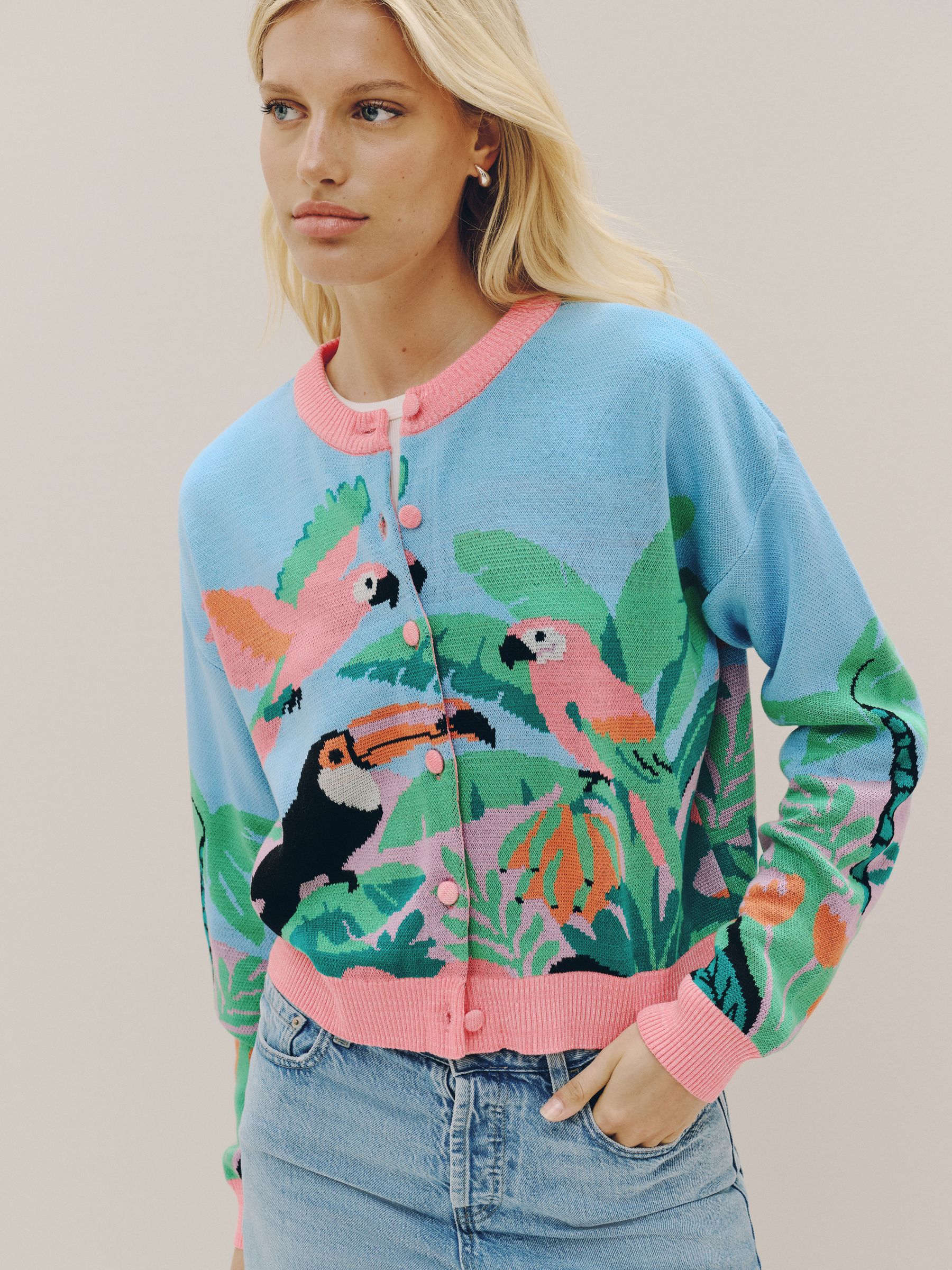 Buy Blue/Pink Multi - Scenic Tropical Bird Crew Neck Cardigan from Next ...