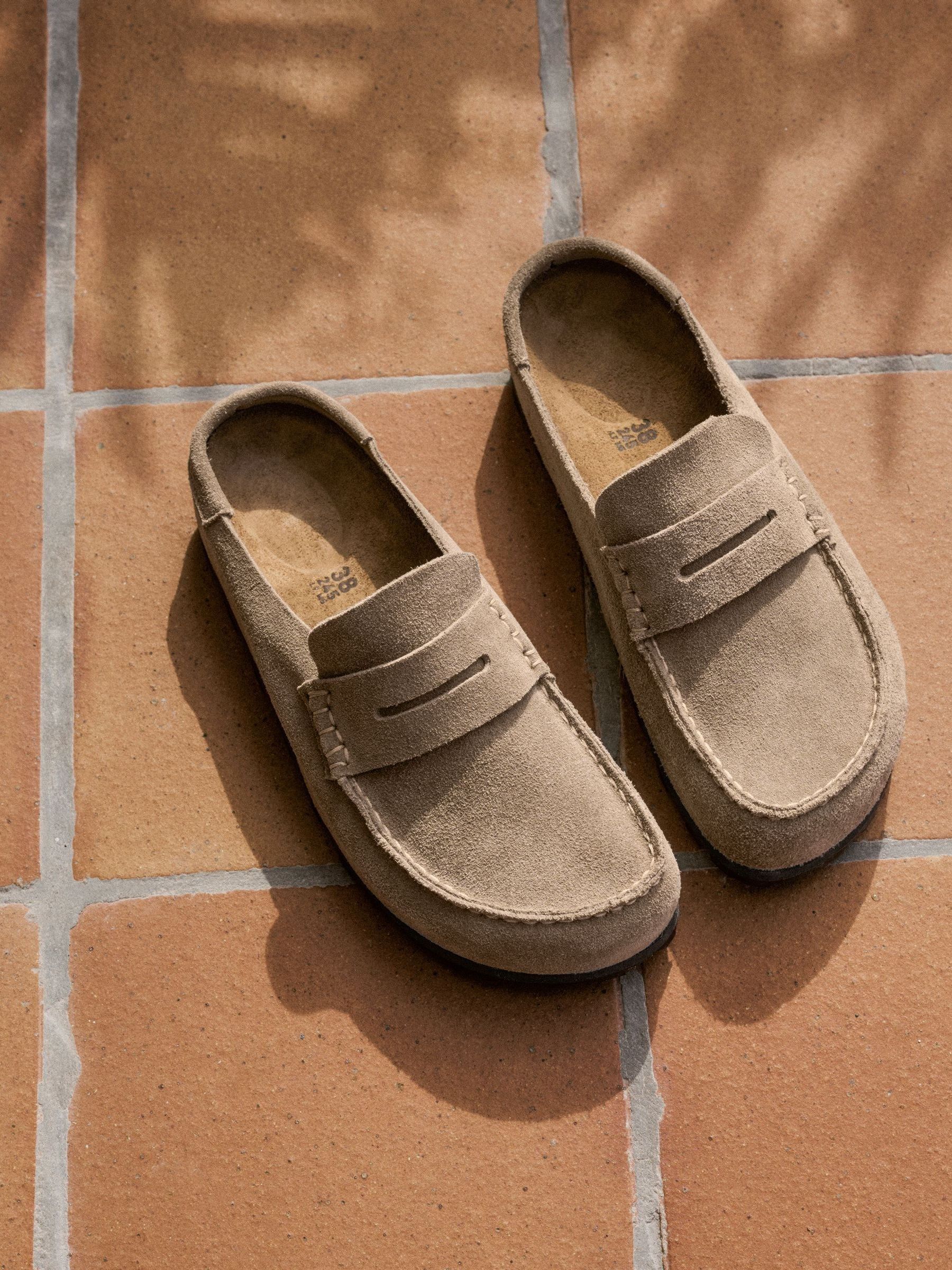 Buy Birkenstock Taupe Brown Naples Wrapped Suede Backless Loafers from ...