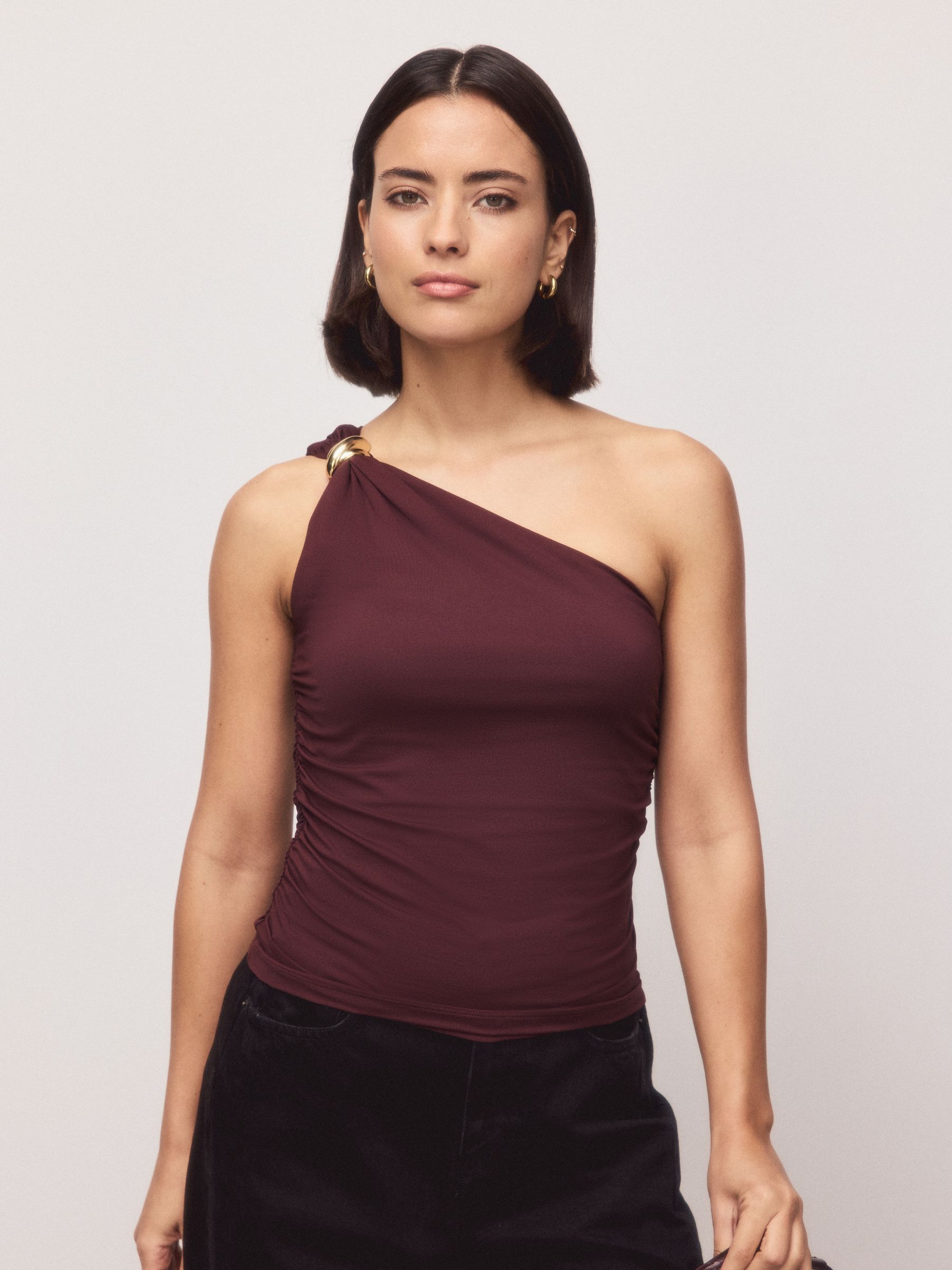 Buy Burgundy Red Soft Touch Slinky Nylon One Shoulder Hardware Top from ...