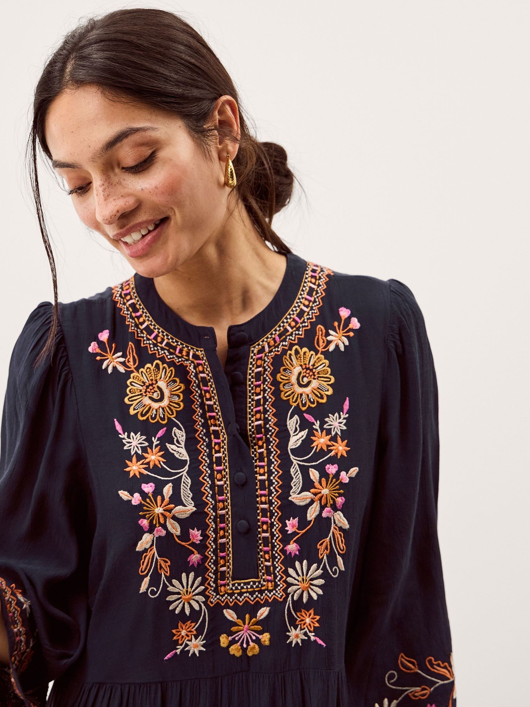 Buy Monsoon Navy Lucie Floral Embroidered Cropped Long Sleeve Midi ...