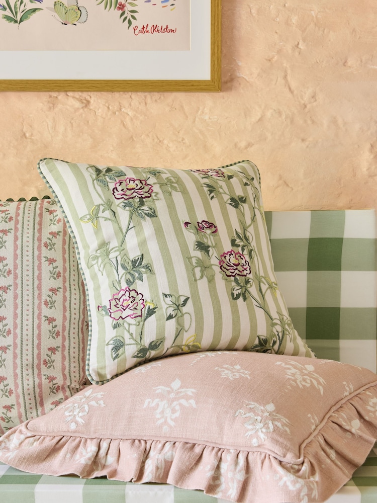 Buy Cath Kidston Green Rose Stripe Embroidered Cotton Cushion from the ...