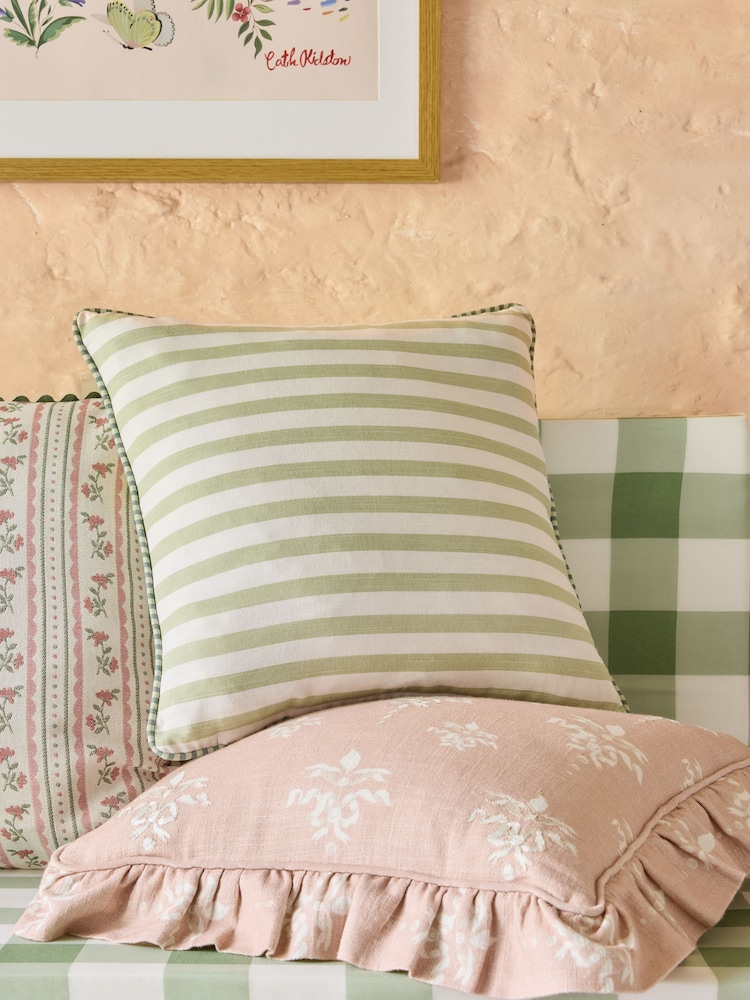 Buy Cath Kidston Green Rose Stripe Embroidered Cotton Cushion from the ...