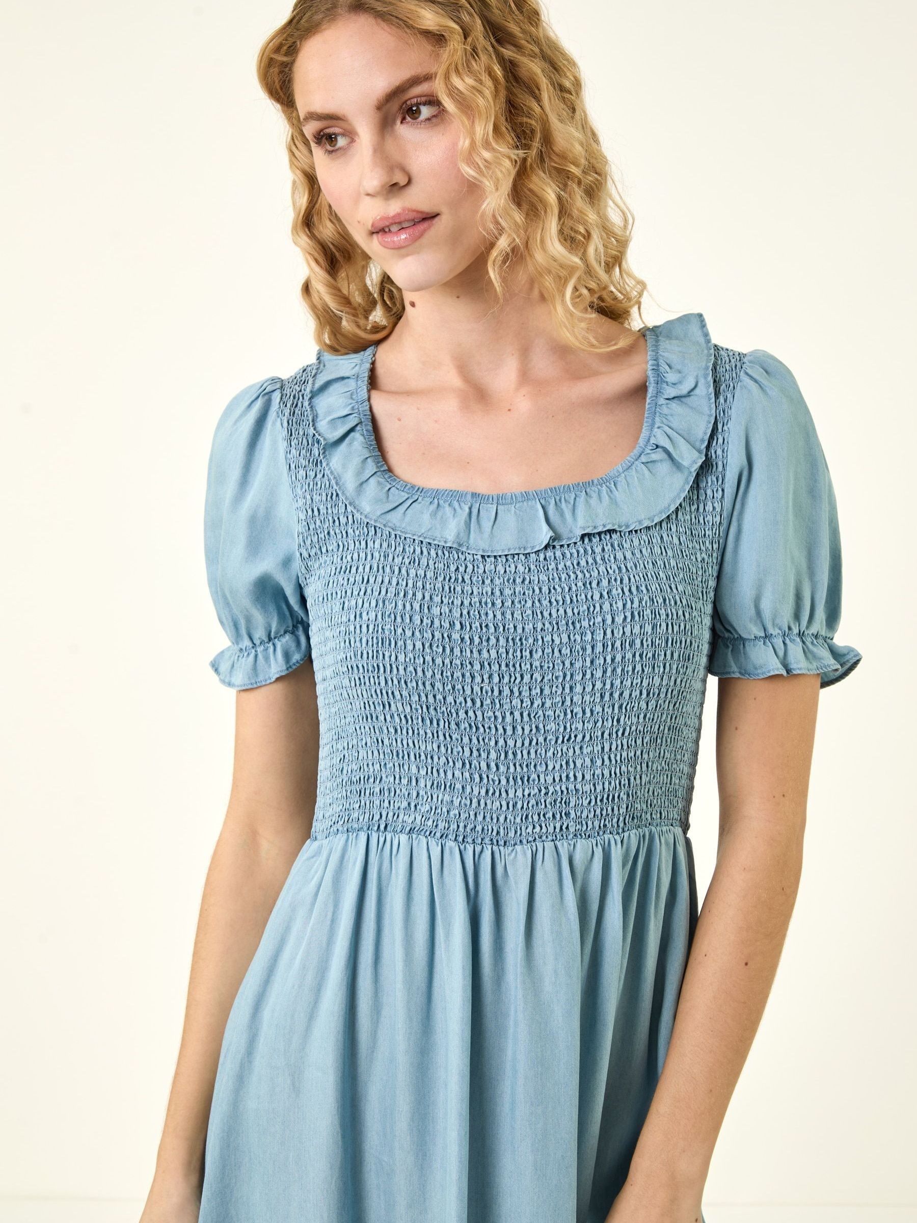 Buy Roman Blue Shirred Frill Midi Dress from the Next UK online shop