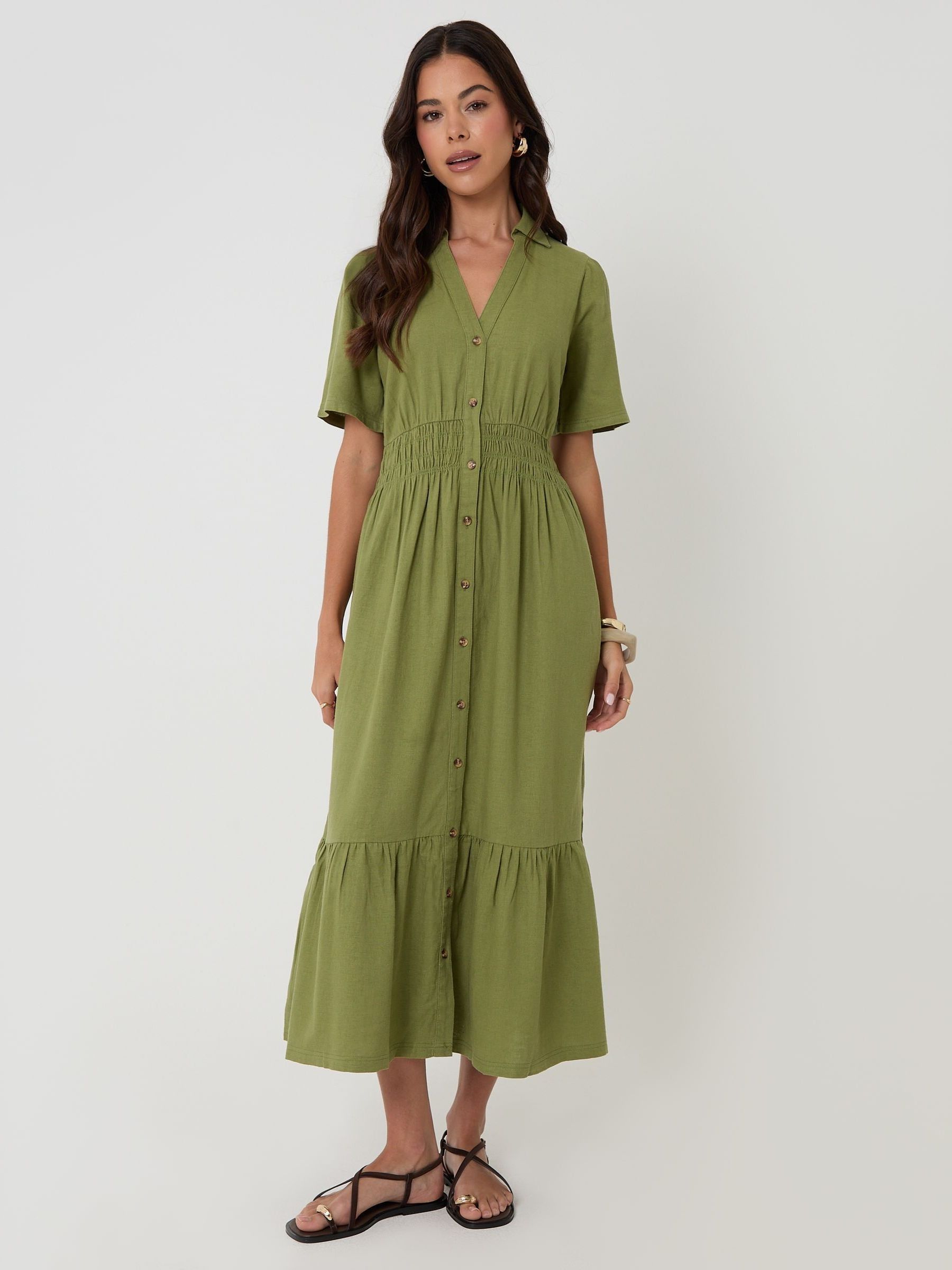 Buy Threadbare Green Tiered Linen Blend V-Neck Maxi Dress from the Next ...