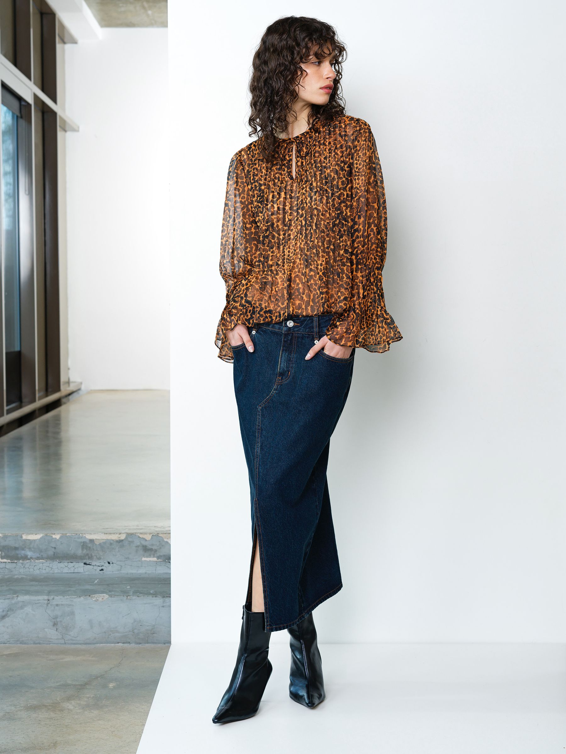 Buy French Connection Black Emina Chiffon Pin Tuck Flare Sleeve Blouse ...