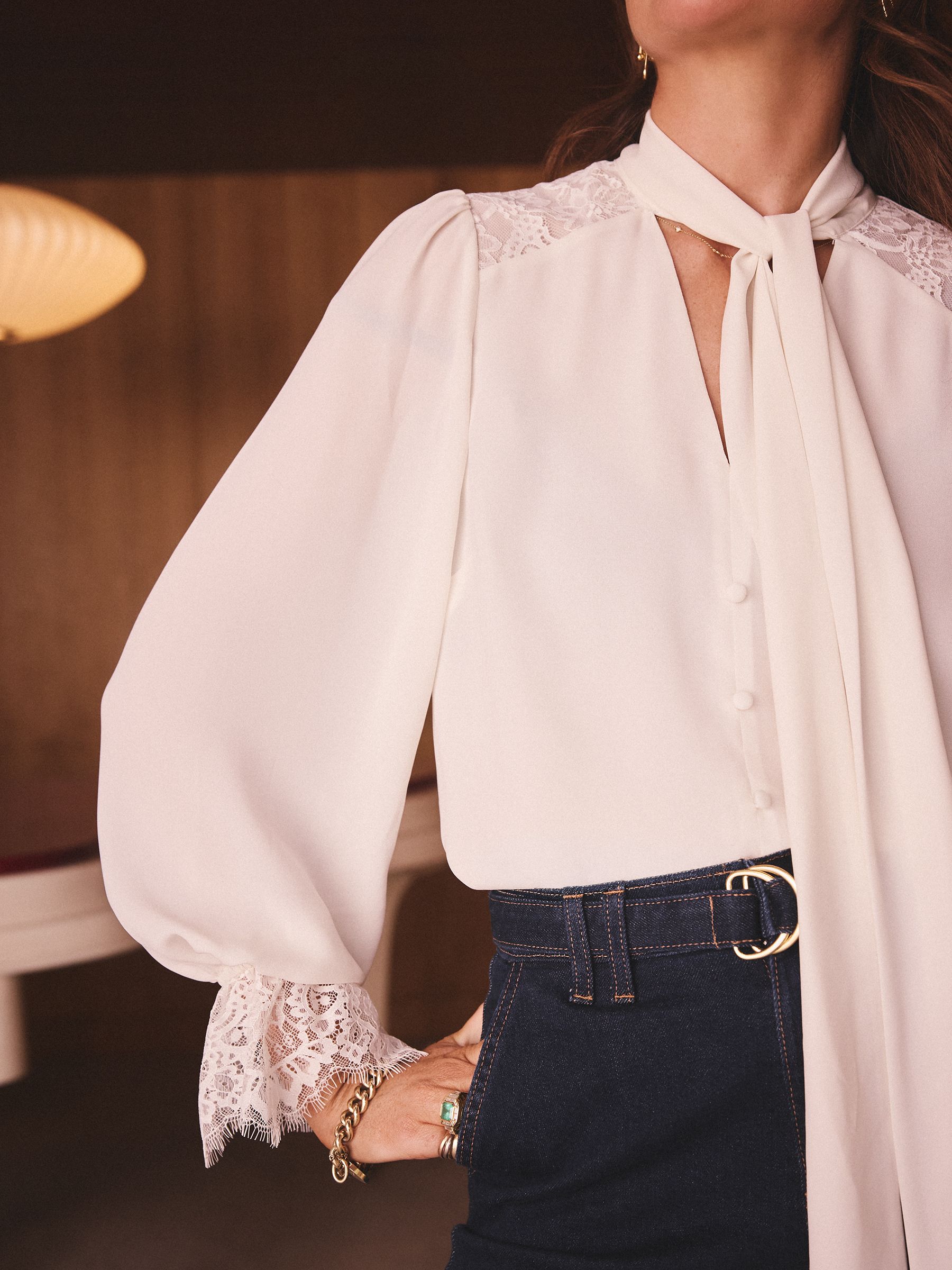 Buy Love & Roses X Binky Ivory Lace Cuff Pussybow Blouse from Next Italy